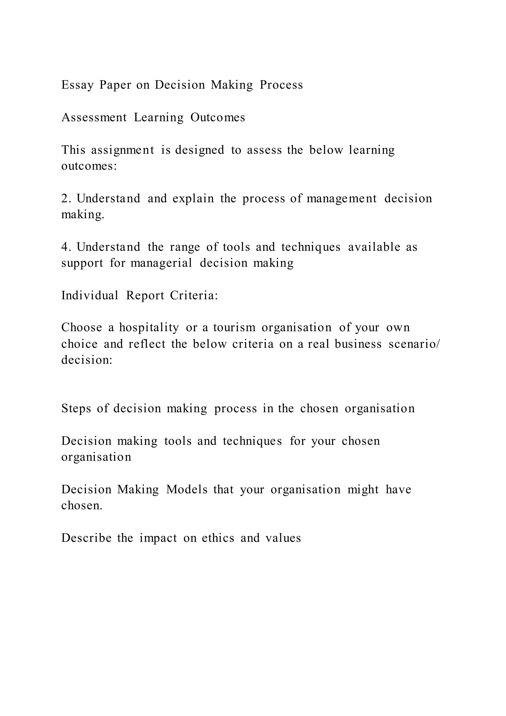 Essay Paper on Decision Making Process Assessment Learning Outco | DOCX