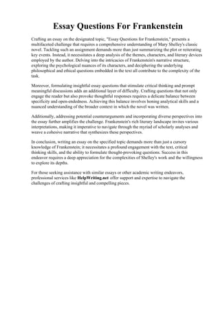 Essay Questions For Frankenstein | PDF