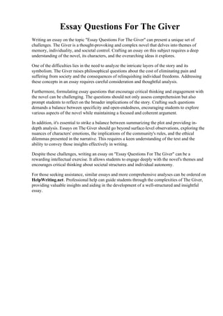 Essay Questions For The Giver. Calaméo - The Giver Essay: Valuable and ...