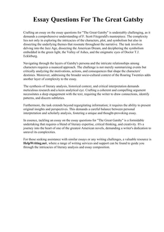 Essay Questions For The Great Gatsby.pdf | Books and Literature