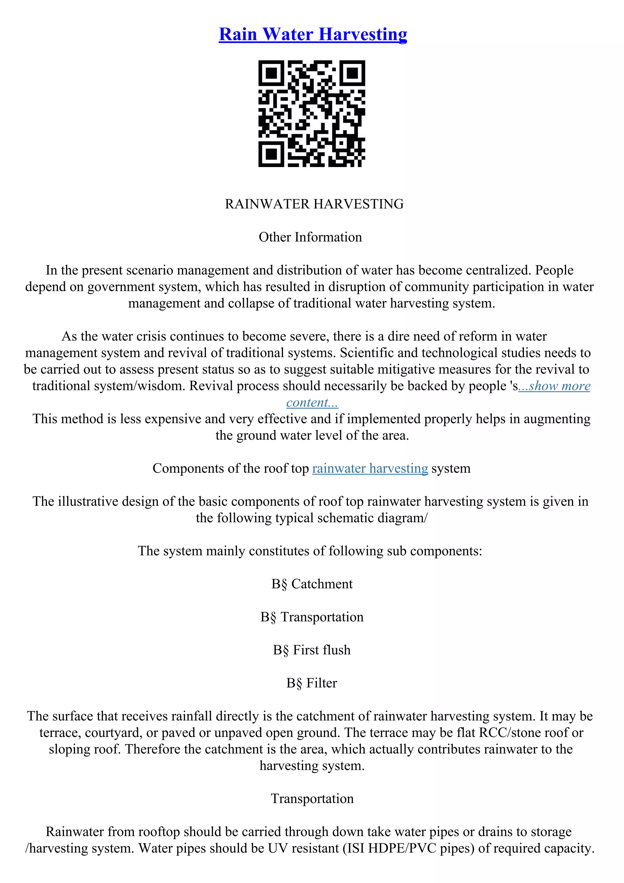 Essay Rain Water Harvesting | PDF | Water Services | Home Utilities