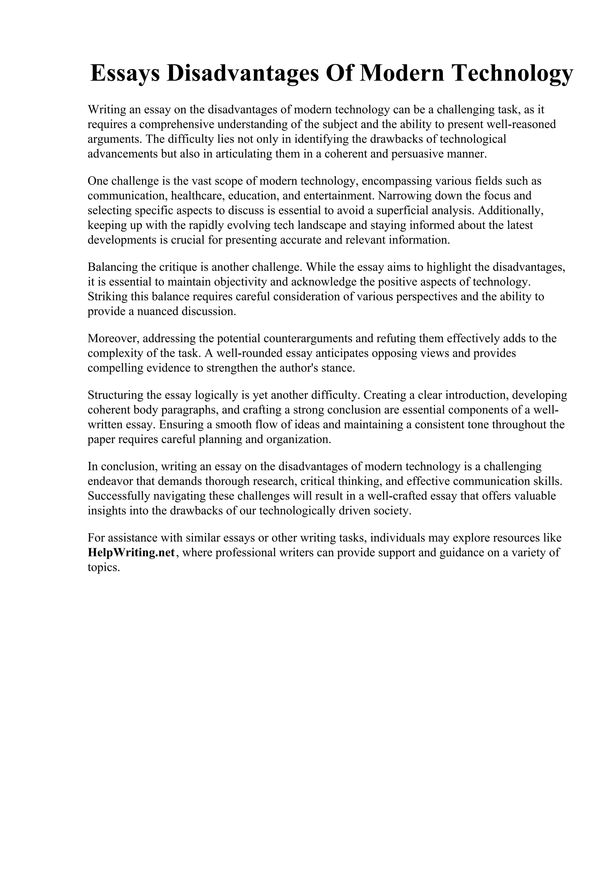 Essays Disadvantages Of Modern Technology | PDF