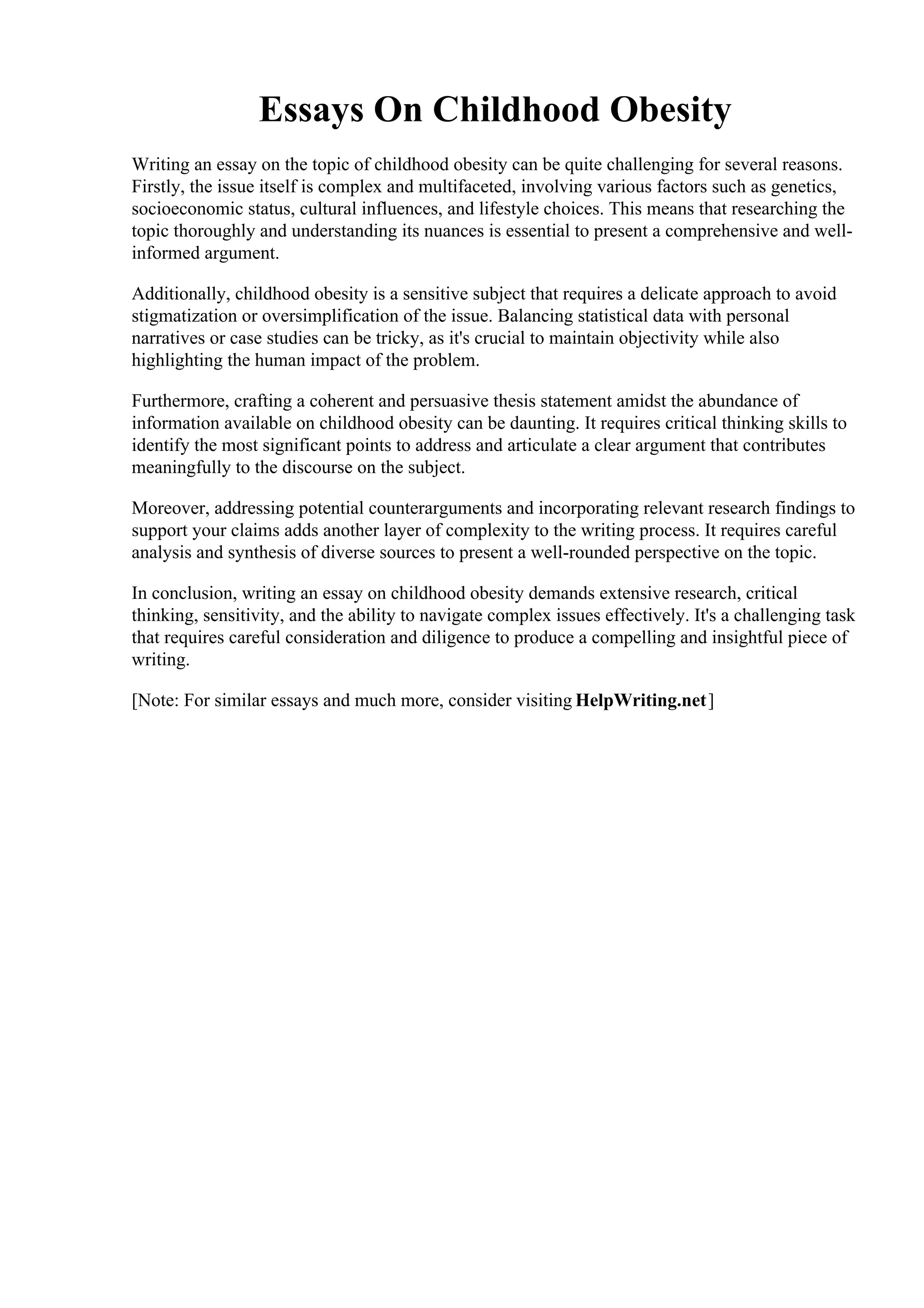 Essays On Childhood Obesity. Childhood obesity affects children and ...