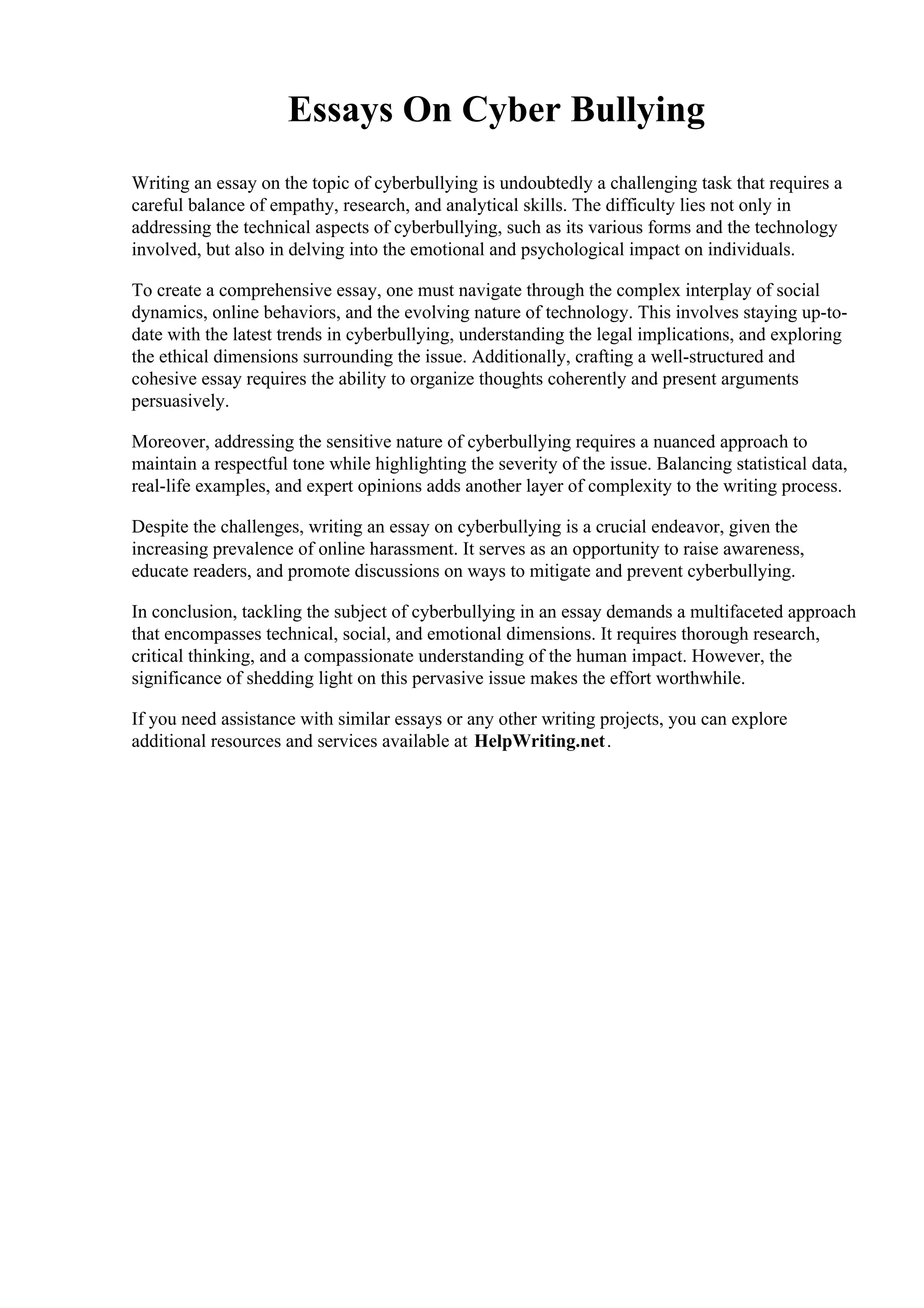 Essays On Cyber Bullying. Tompkins Cortland Community College | PDF