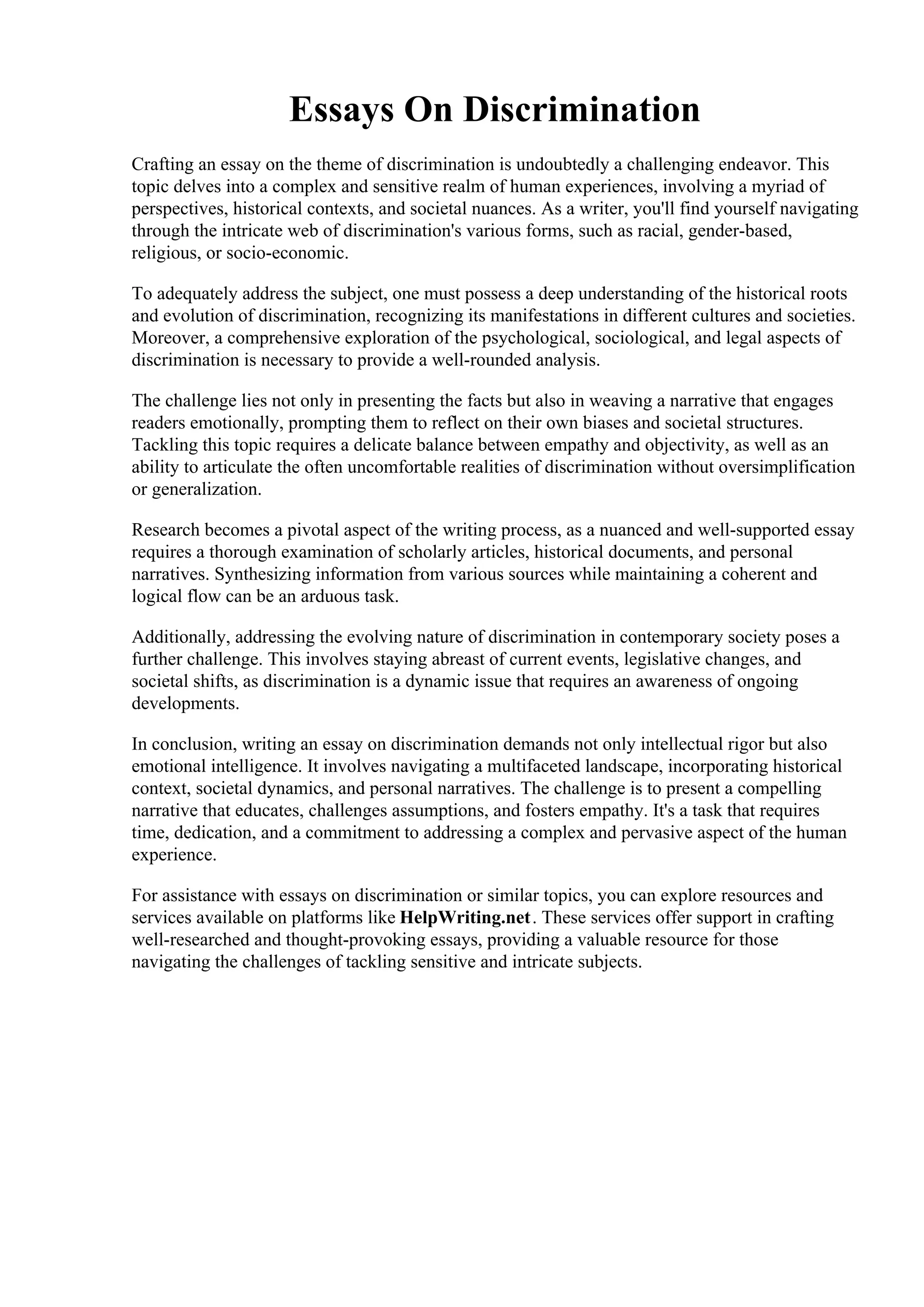Essays On Discrimination. Racial Discrimination - GCSE English - Marked ...