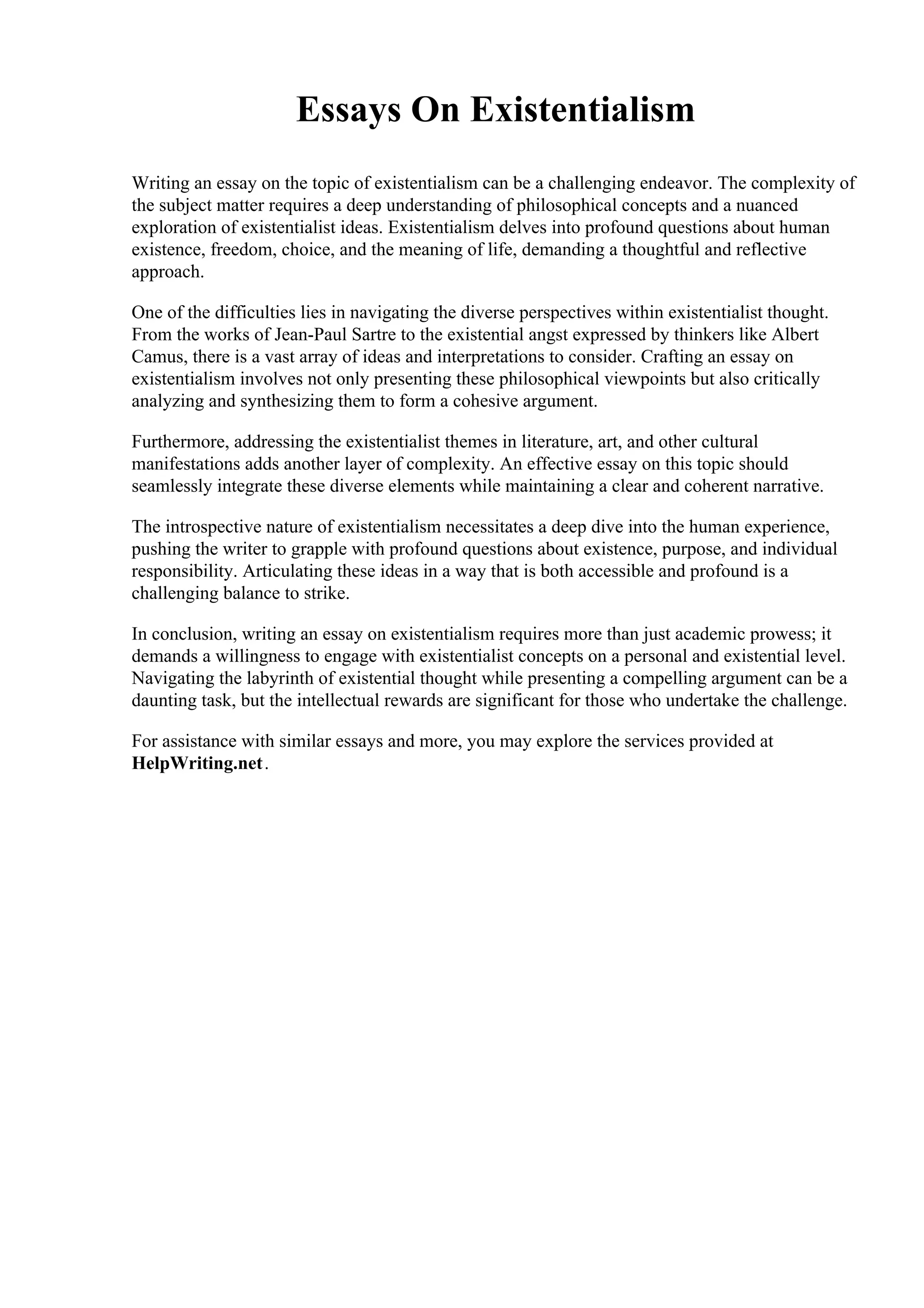 Essays On Existentialism. Edison State Community College | PDF