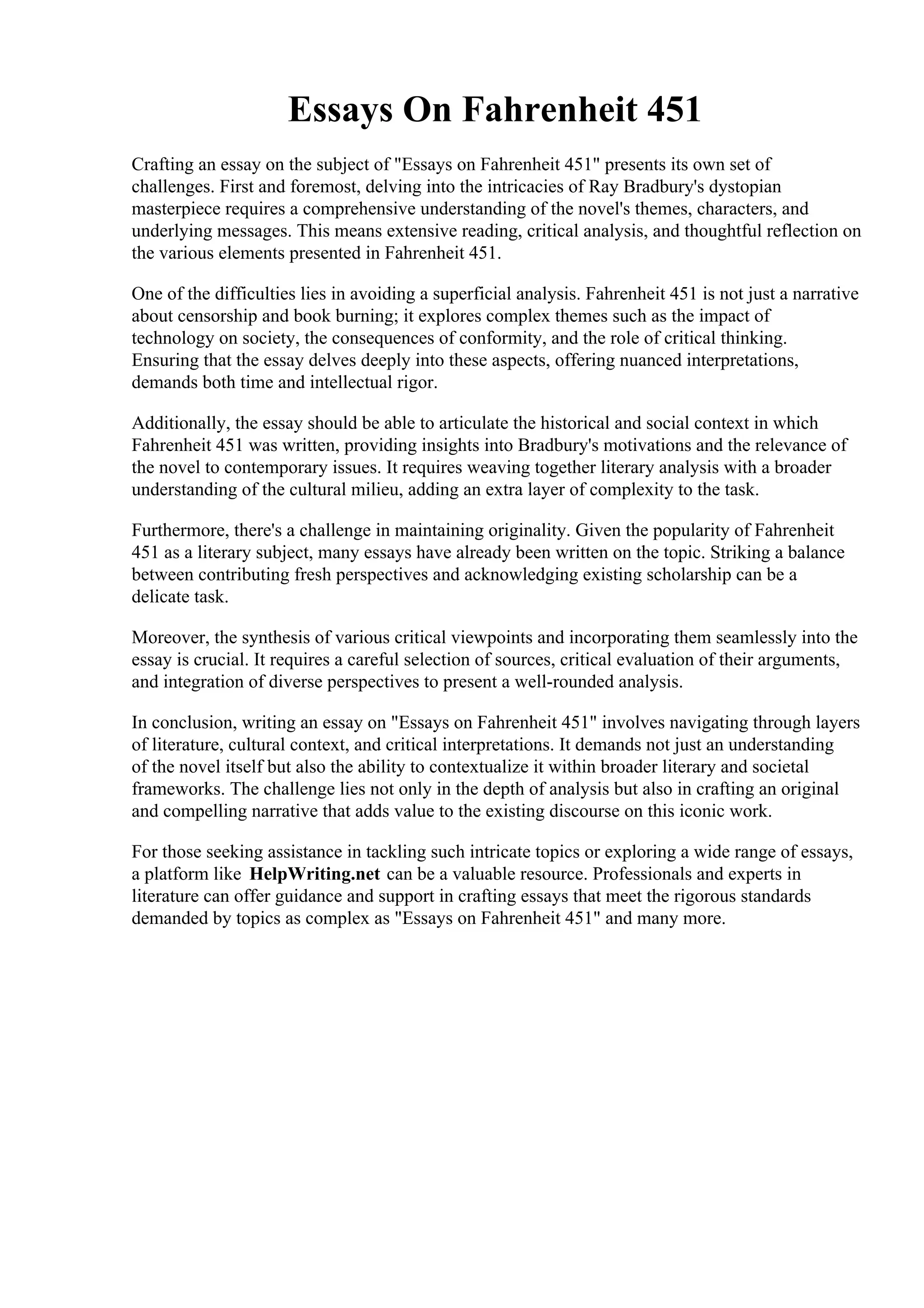 Essays On Fahrenheit 451 | PDF