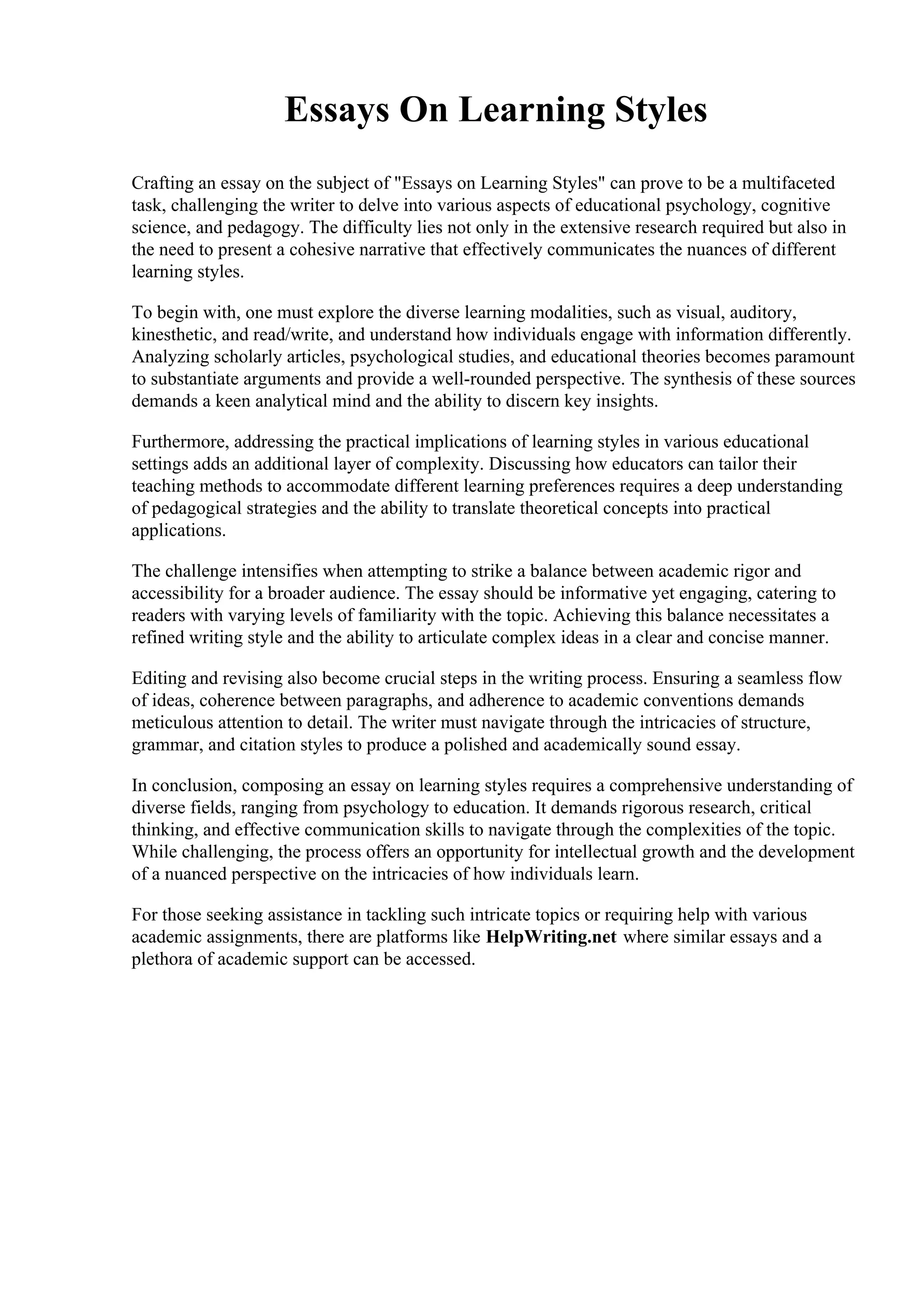 Essays On Learning Styles. State University of New York Institute of ...