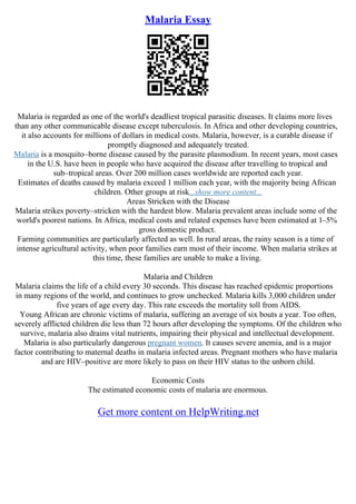 Essays On Malaria | PDF | Infectious Diseases | Diseases and Conditions