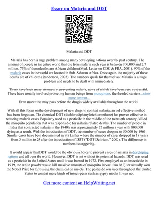 Essays On Malaria | PDF | Infectious Diseases | Diseases and Conditions