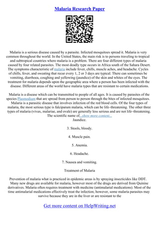 Essays On Malaria | PDF | Infectious Diseases | Diseases and Conditions