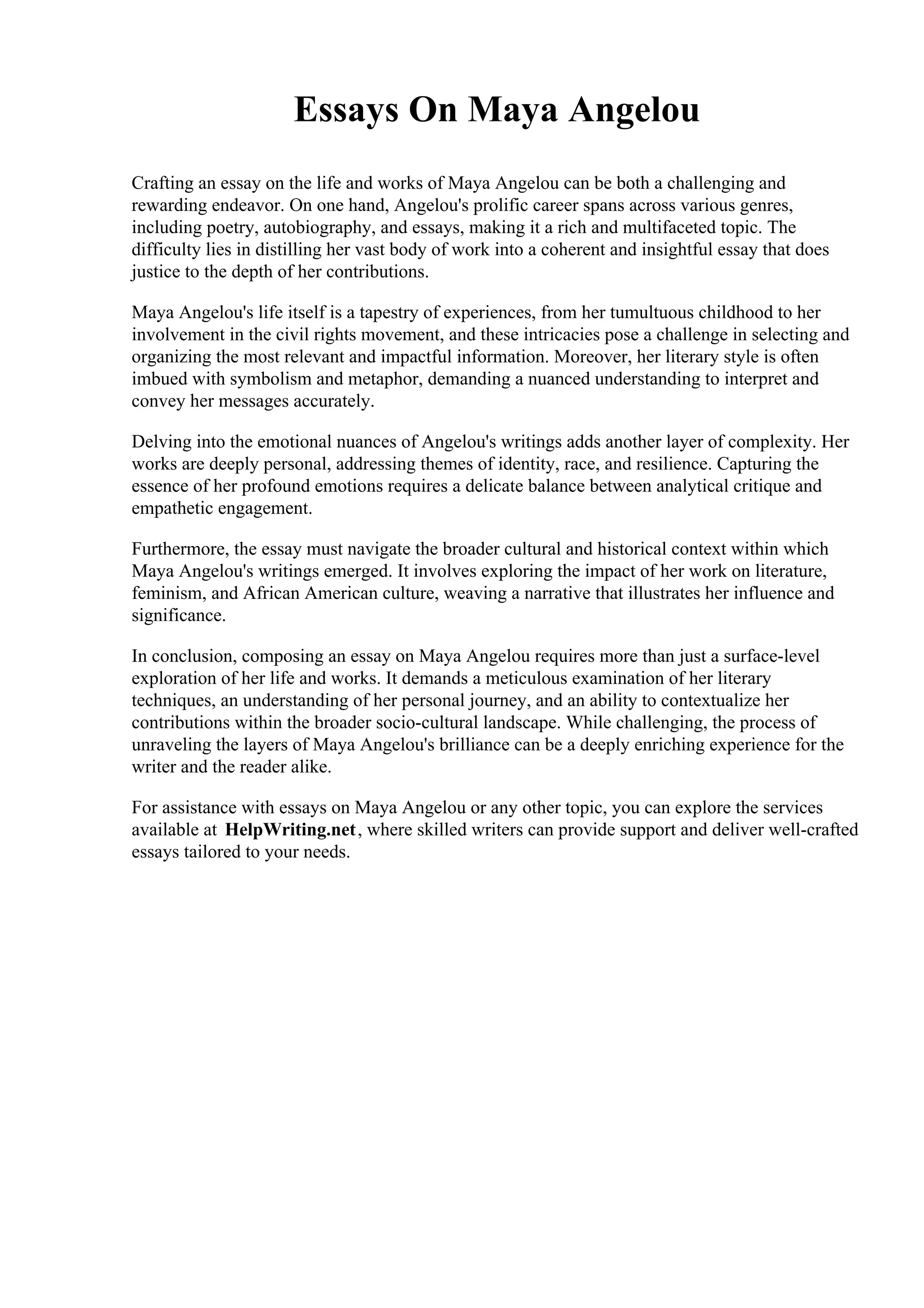 Essays On Maya Angelou. Washburn University | PDF