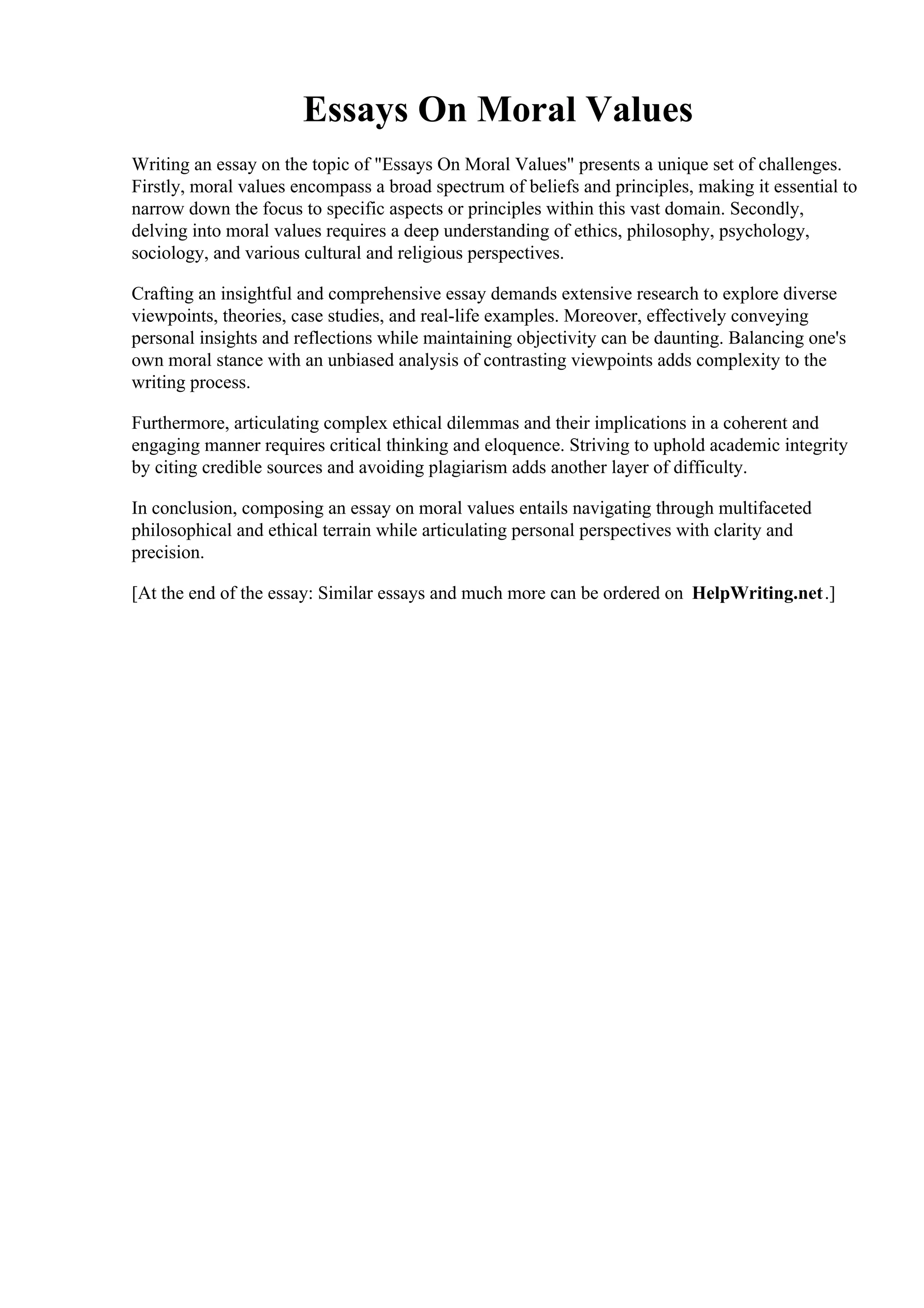 Essays On Moral Values. PDF MORAL, VALUES AND MORAL VALUES A. Some ...