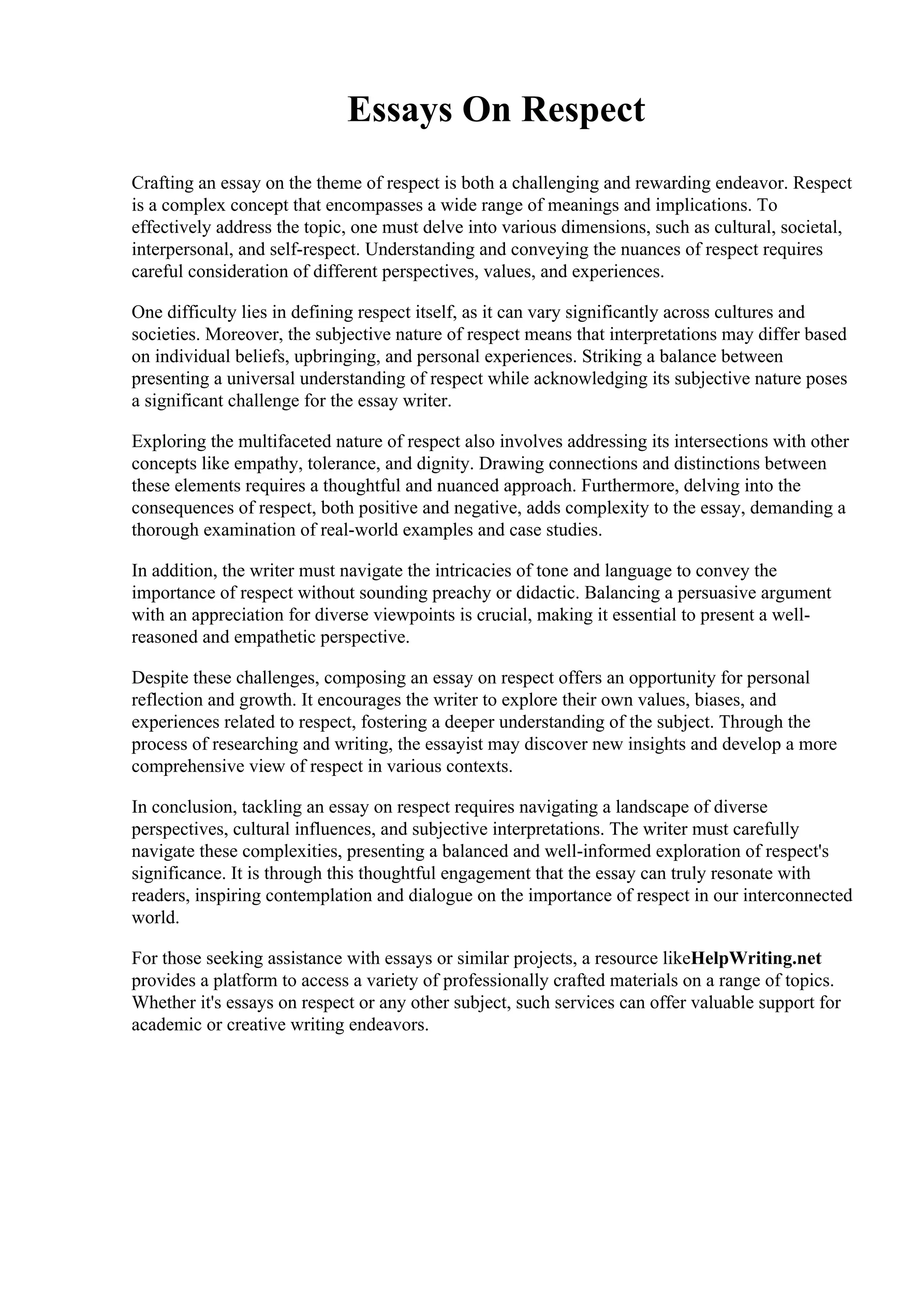 Essays On Respect. Lawrence Memorial/Regis College | PDF