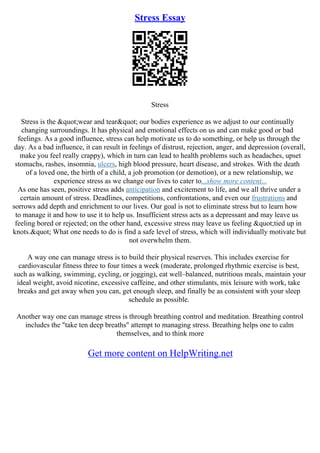 Essays On Stress | PDF | Diseases and Conditions | Medical Health