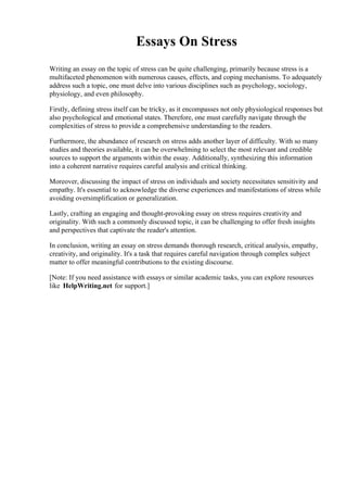 Essays On Stress. Uniformed Services University of the Health Sciences ...