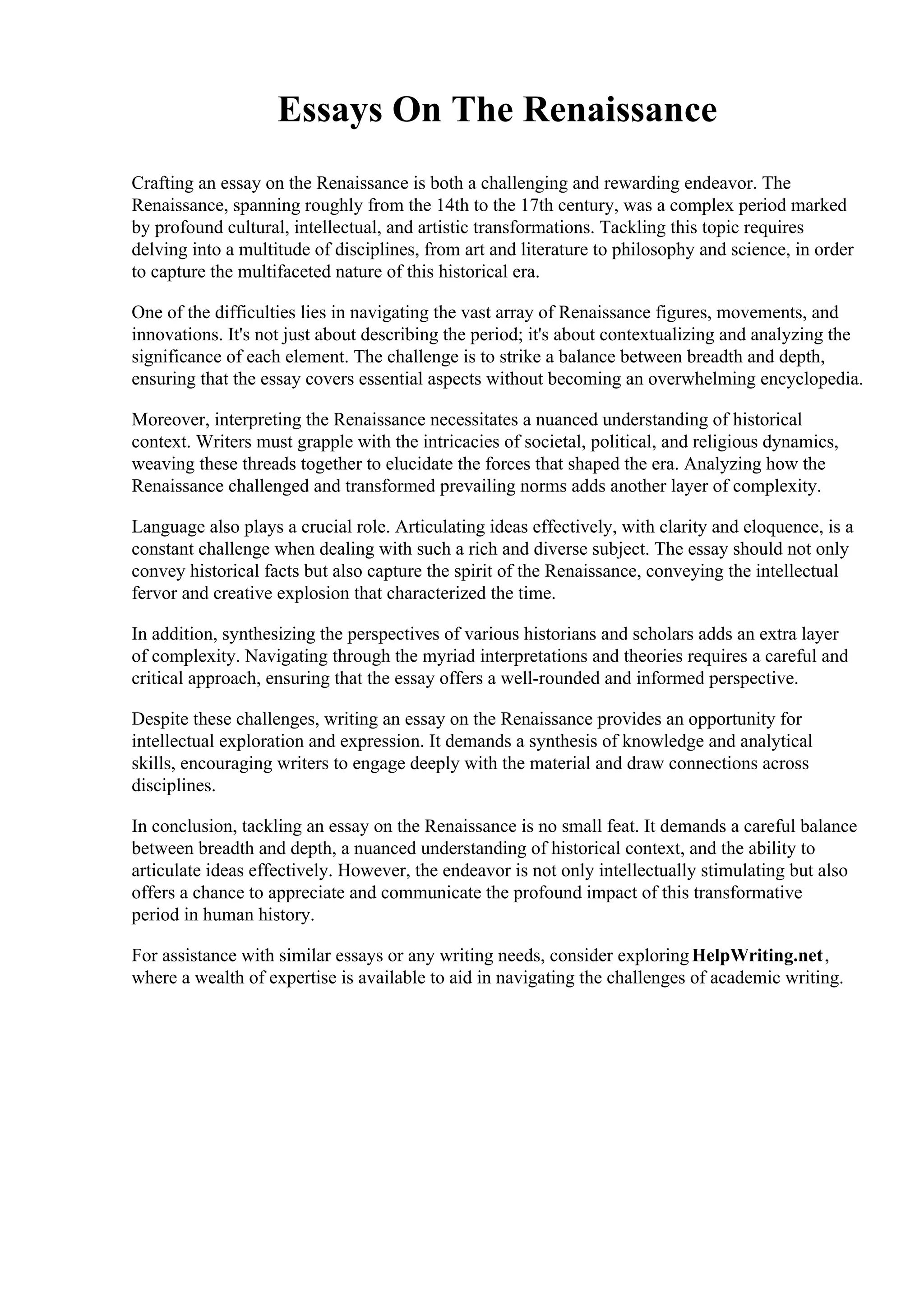 Essays On The Renaissance. Hunter College CUNY | PDF