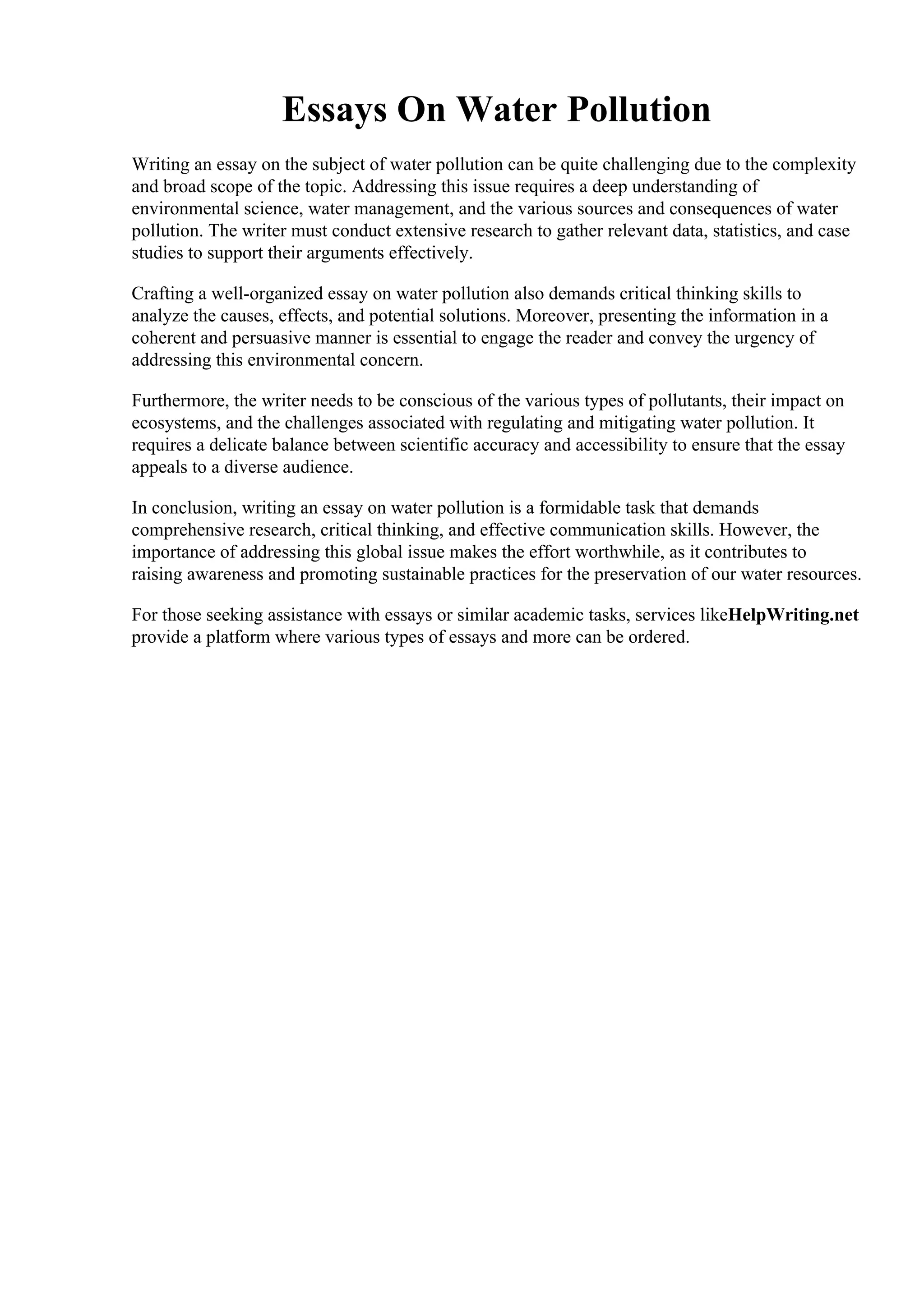 Essays On Water Pollution | PDF