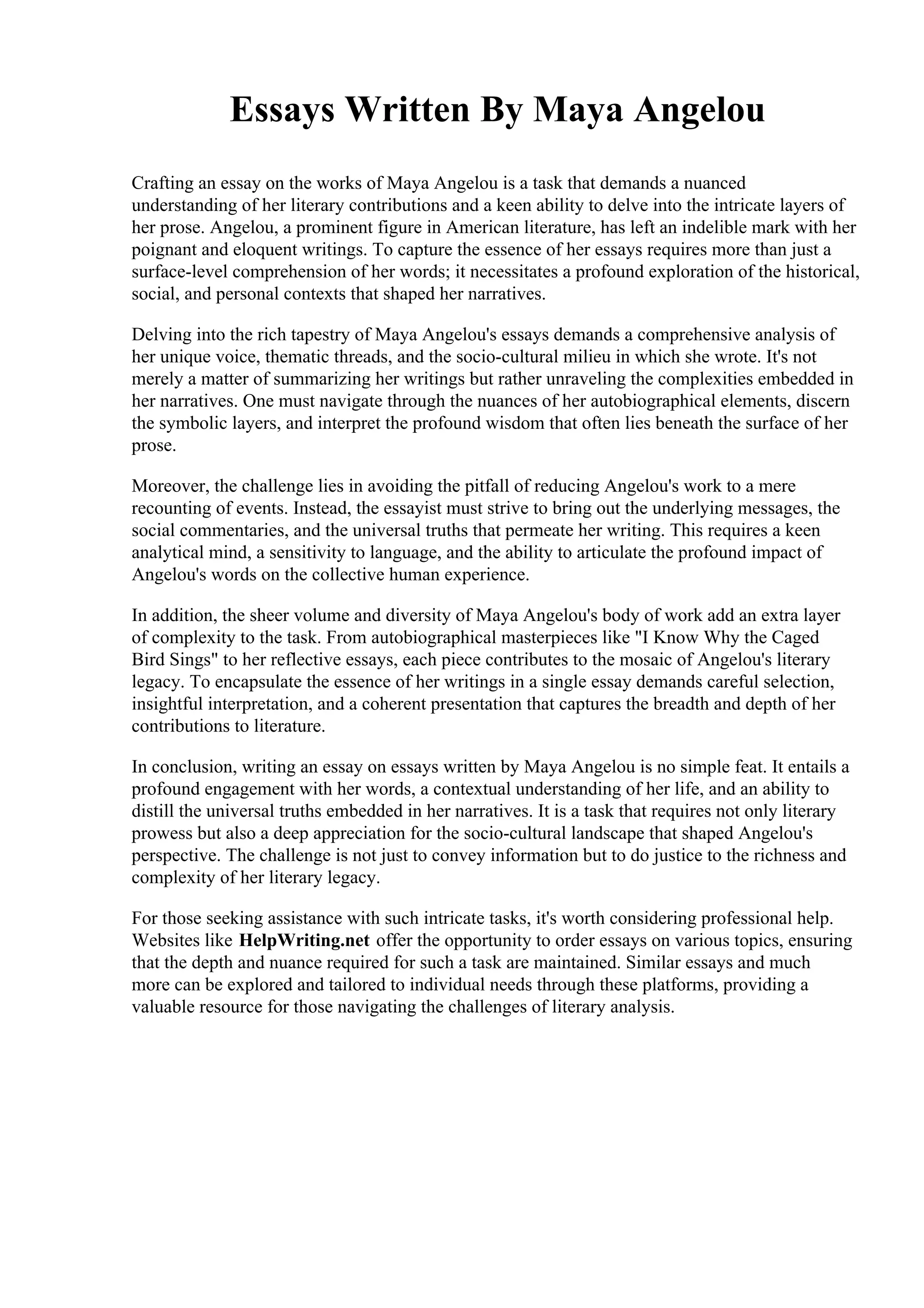 Essays Written By Maya Angelou. California Coast University | PDF