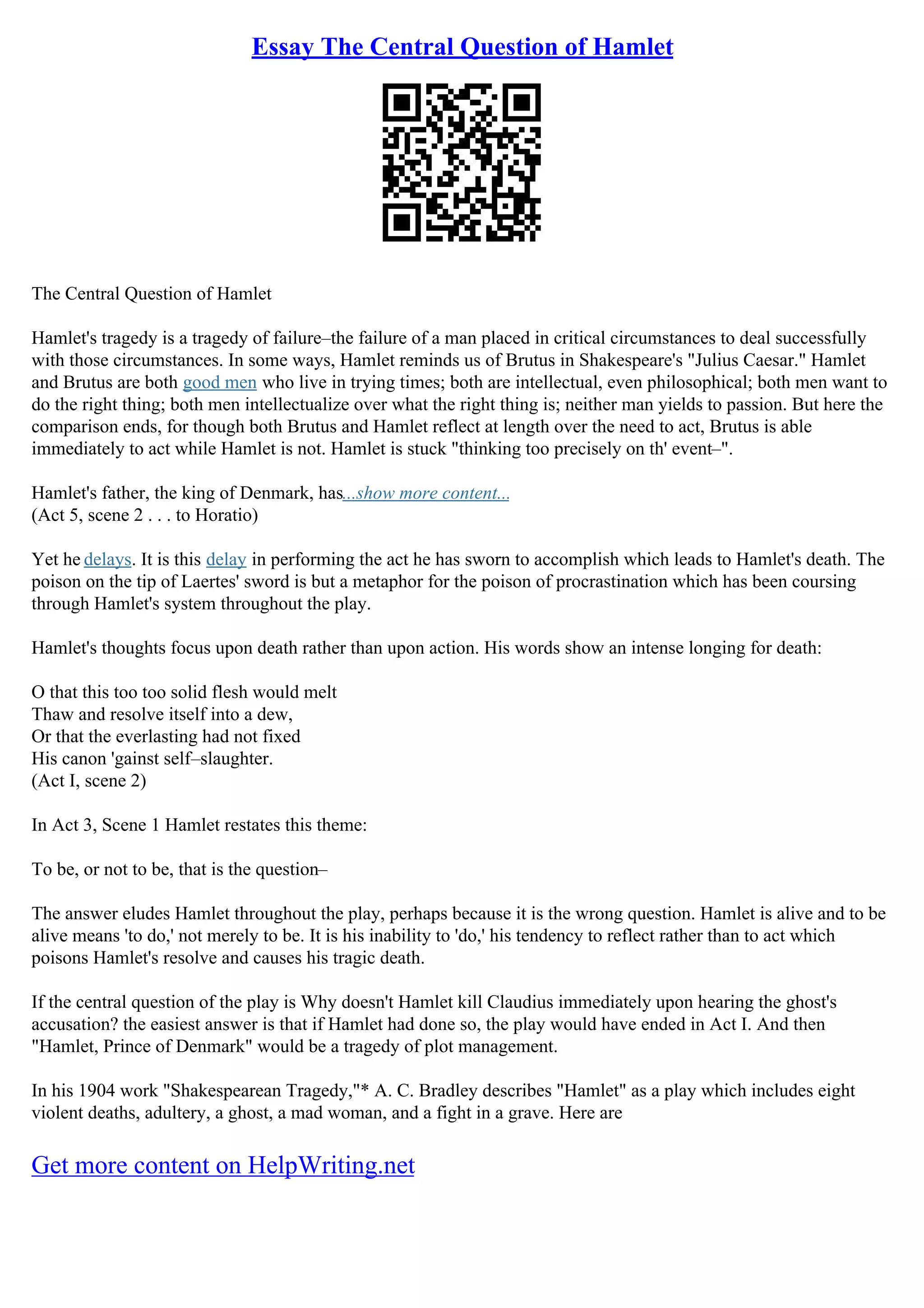 Essay The Central Question Of Hamlet | PDF