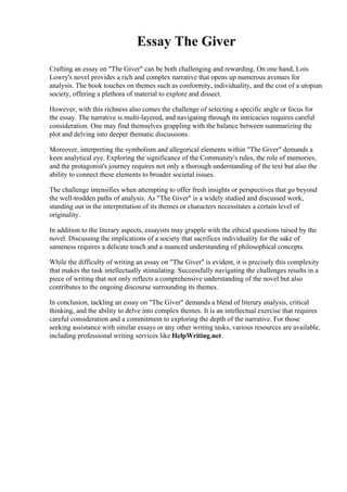 Essay The Giver. Colorado State University | PDF