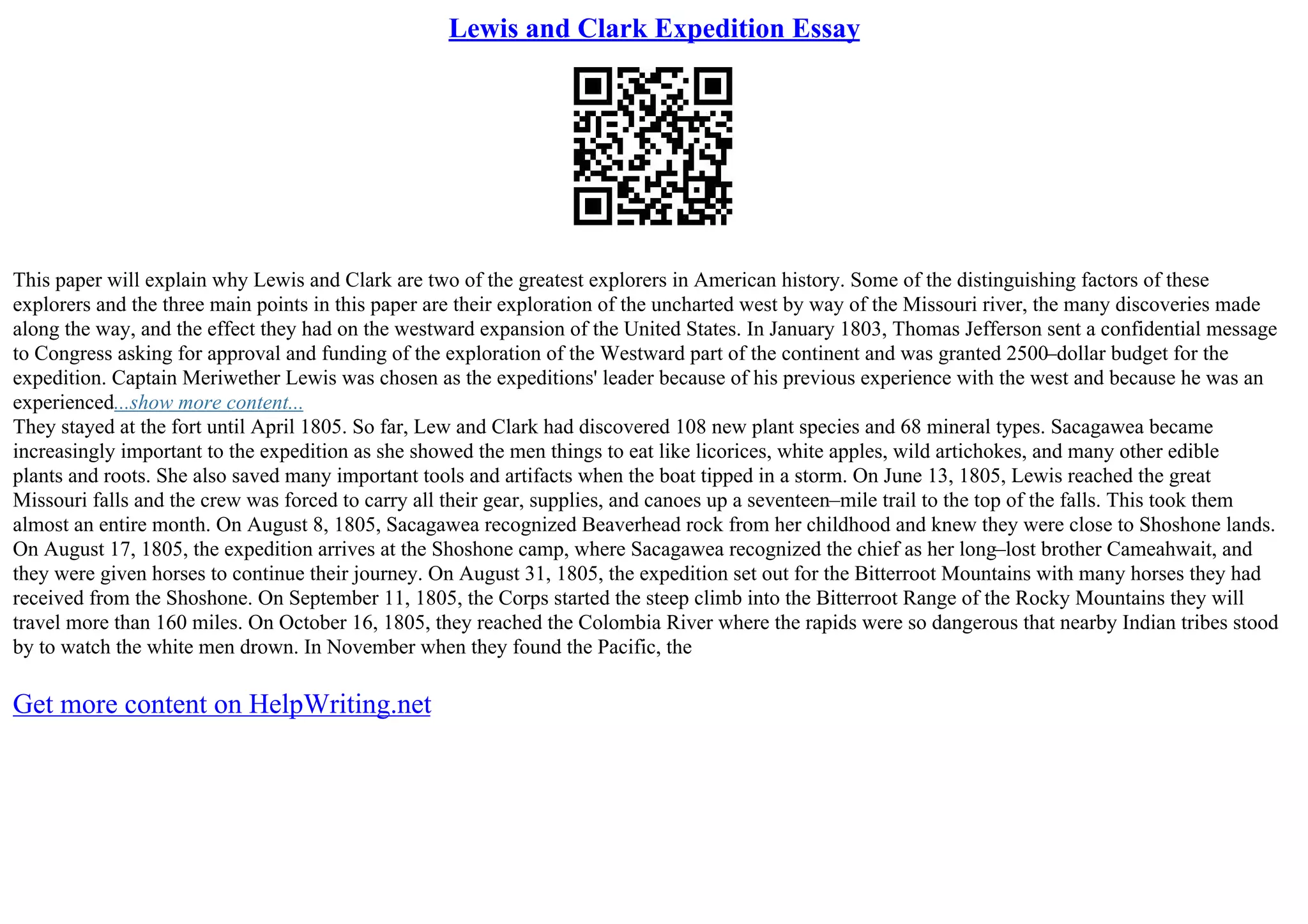 Essay The Lewis And Clark Expedition | PDF