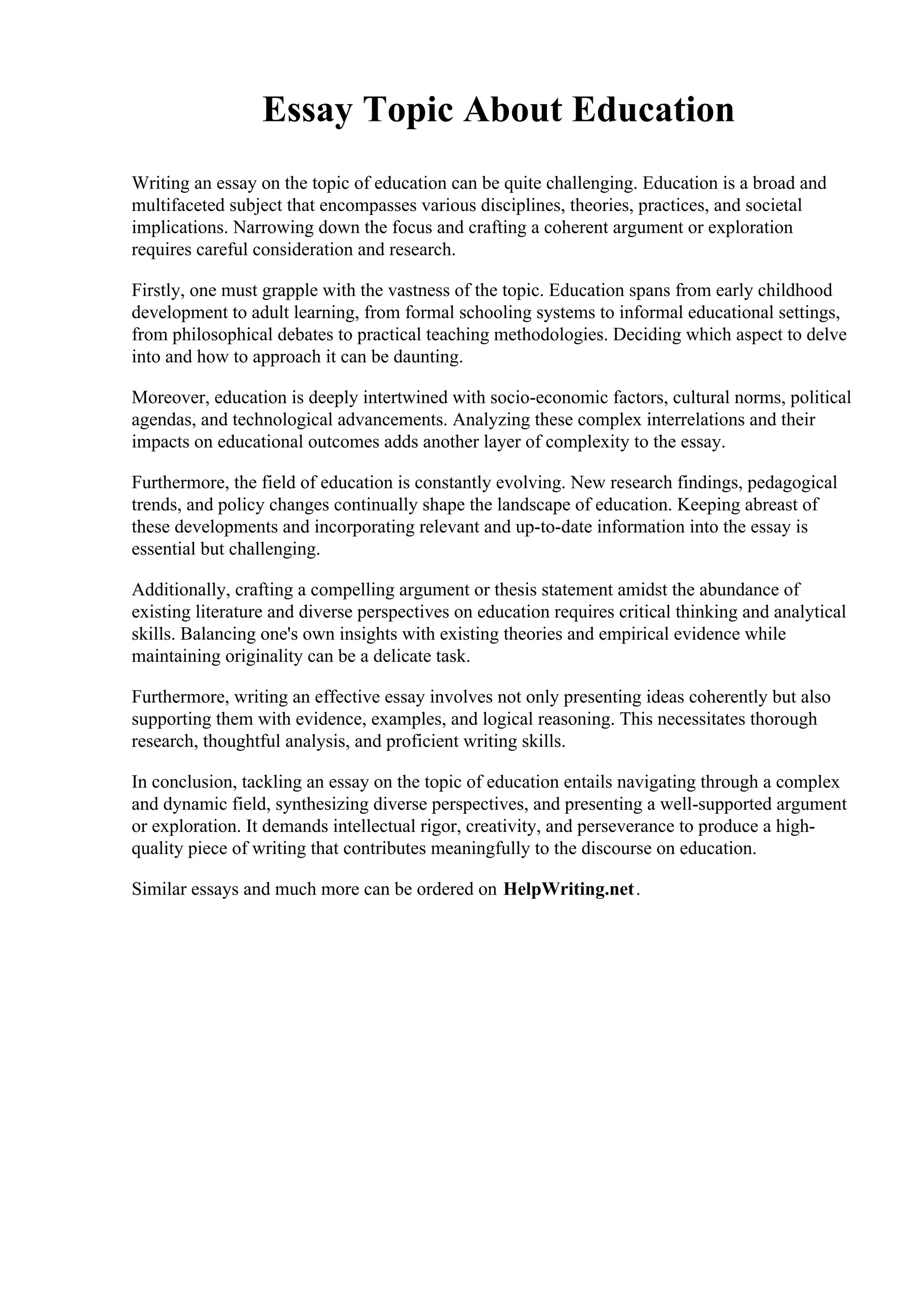 Essay Topic About Education. Texas A&M University-Kingsville | PDF