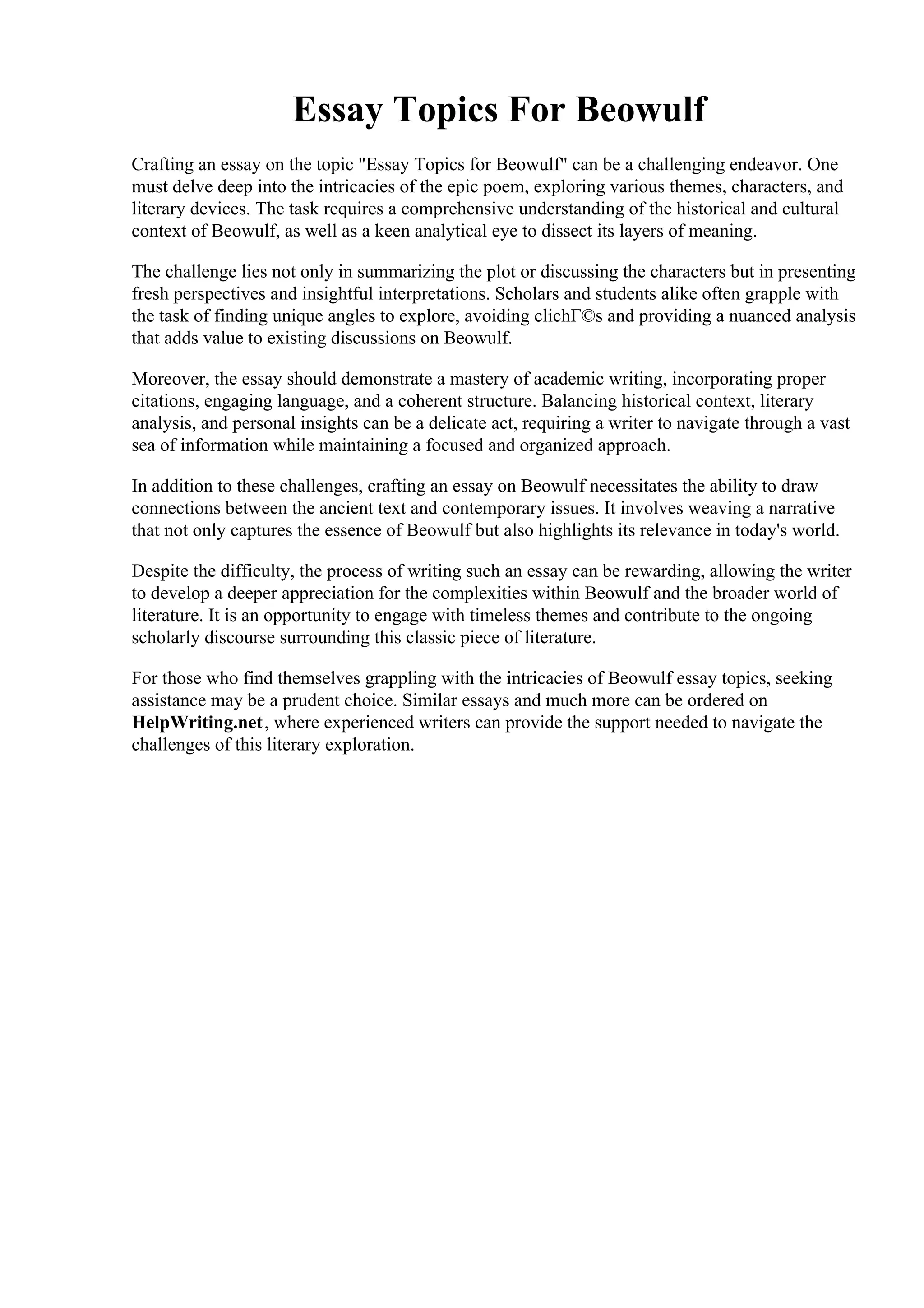 Essay Topics For Beowulf | PDF