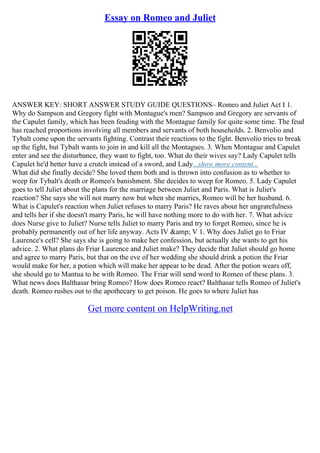 Essay Topics For Romeo And Juliet | PDF