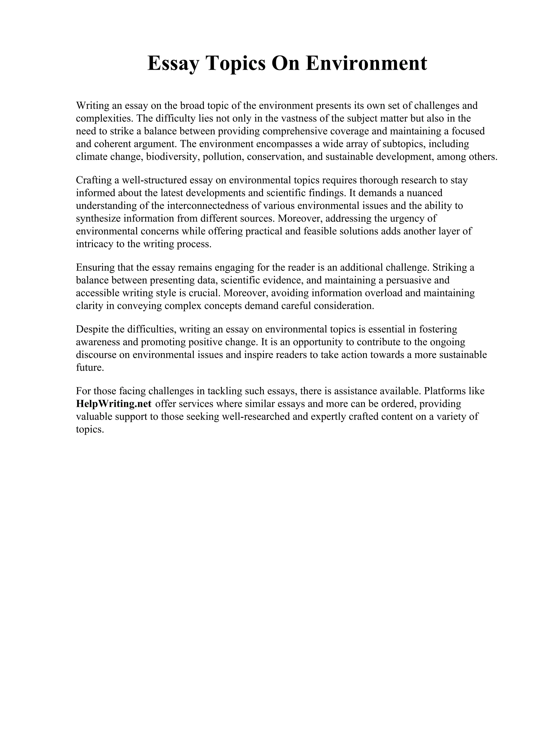 Essay Topics On Environment. The University of Texas at San Antonio ...