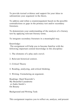 Essay Two Presenting an Argument about Hanif Kureishi’s My Be | PDF