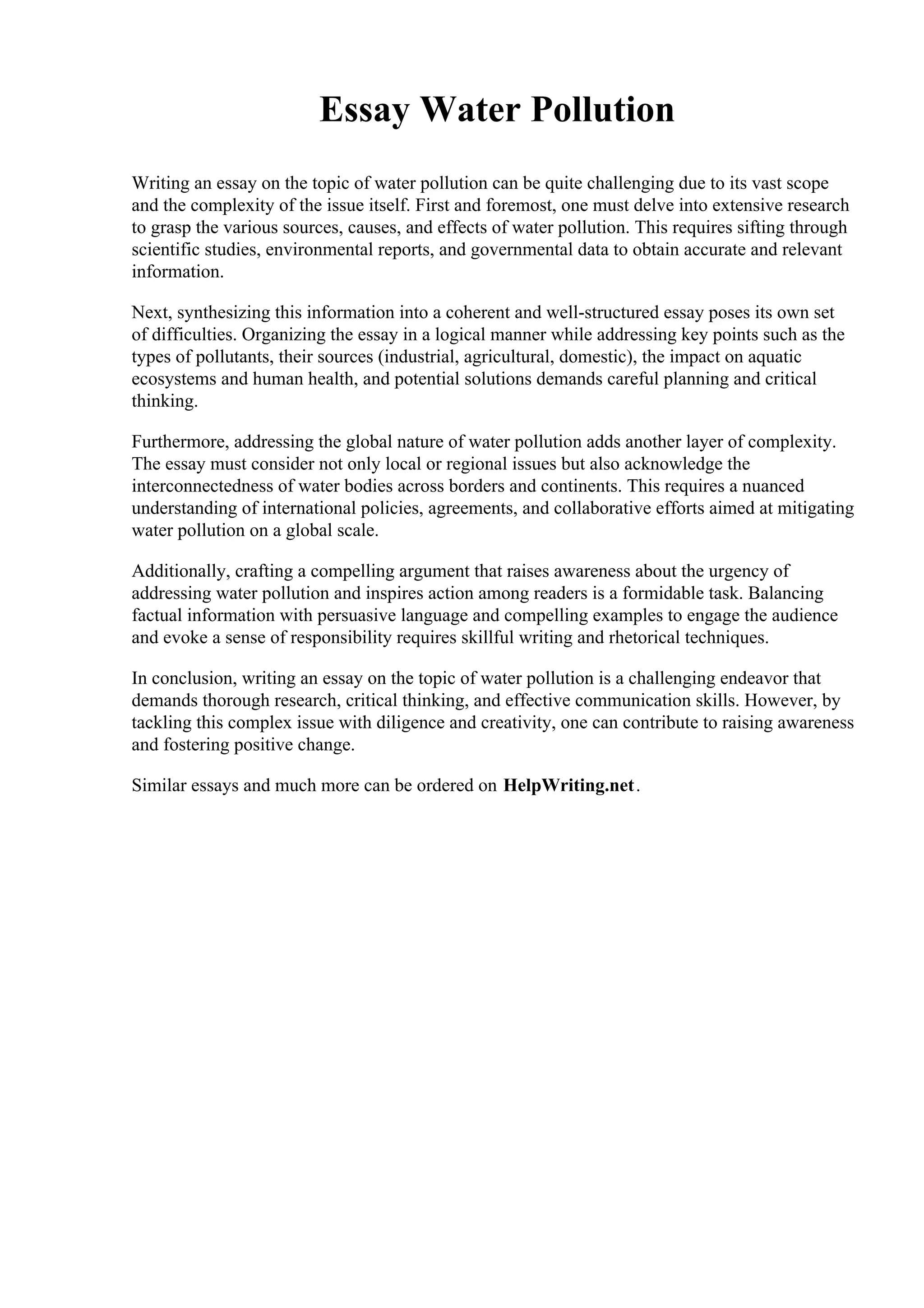 Essay Water Pollution. Massachusetts College of Pharmacy and Health ...