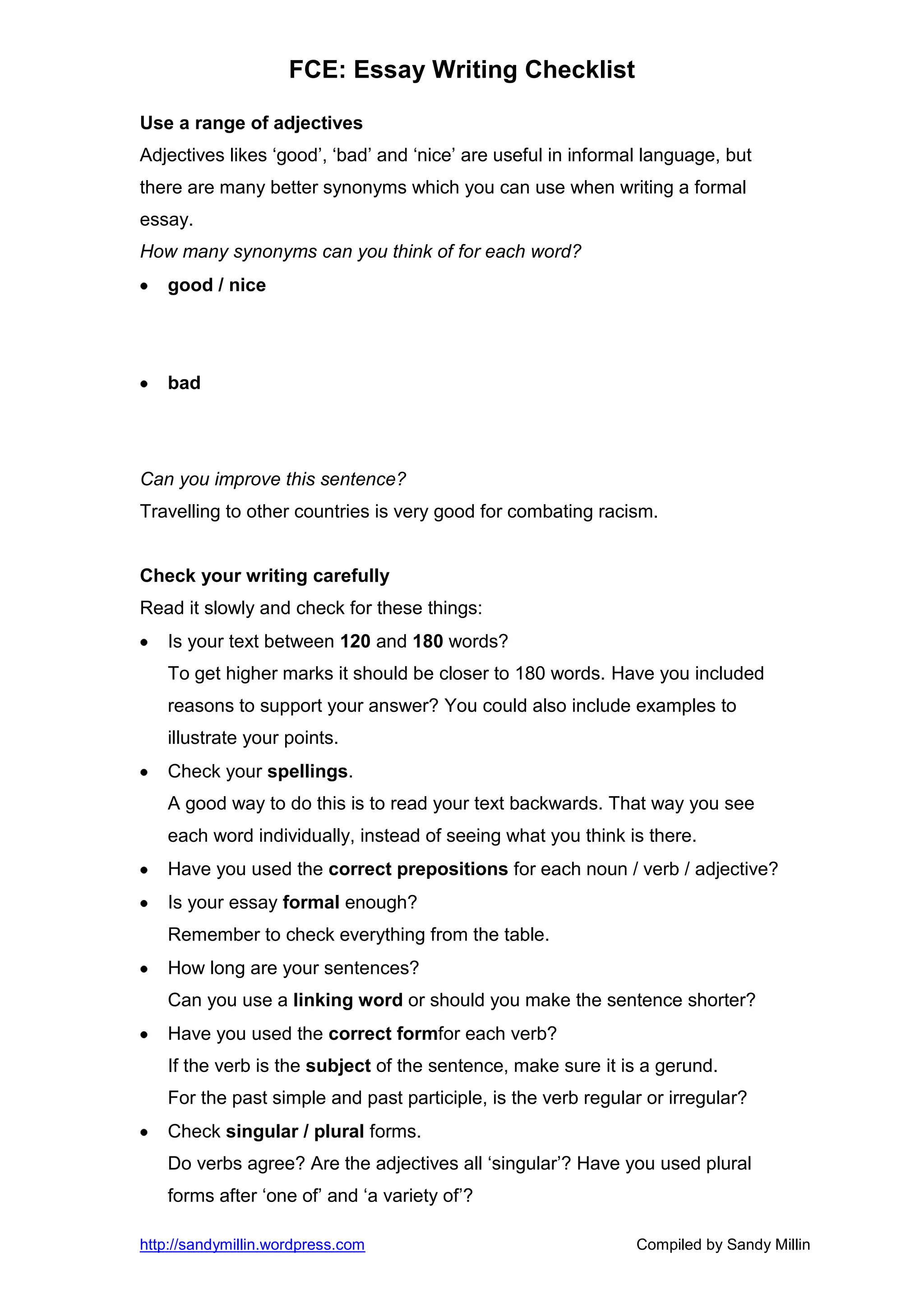 Essay writing checklist | DOCX | Travel Preparation and Advice | Travel