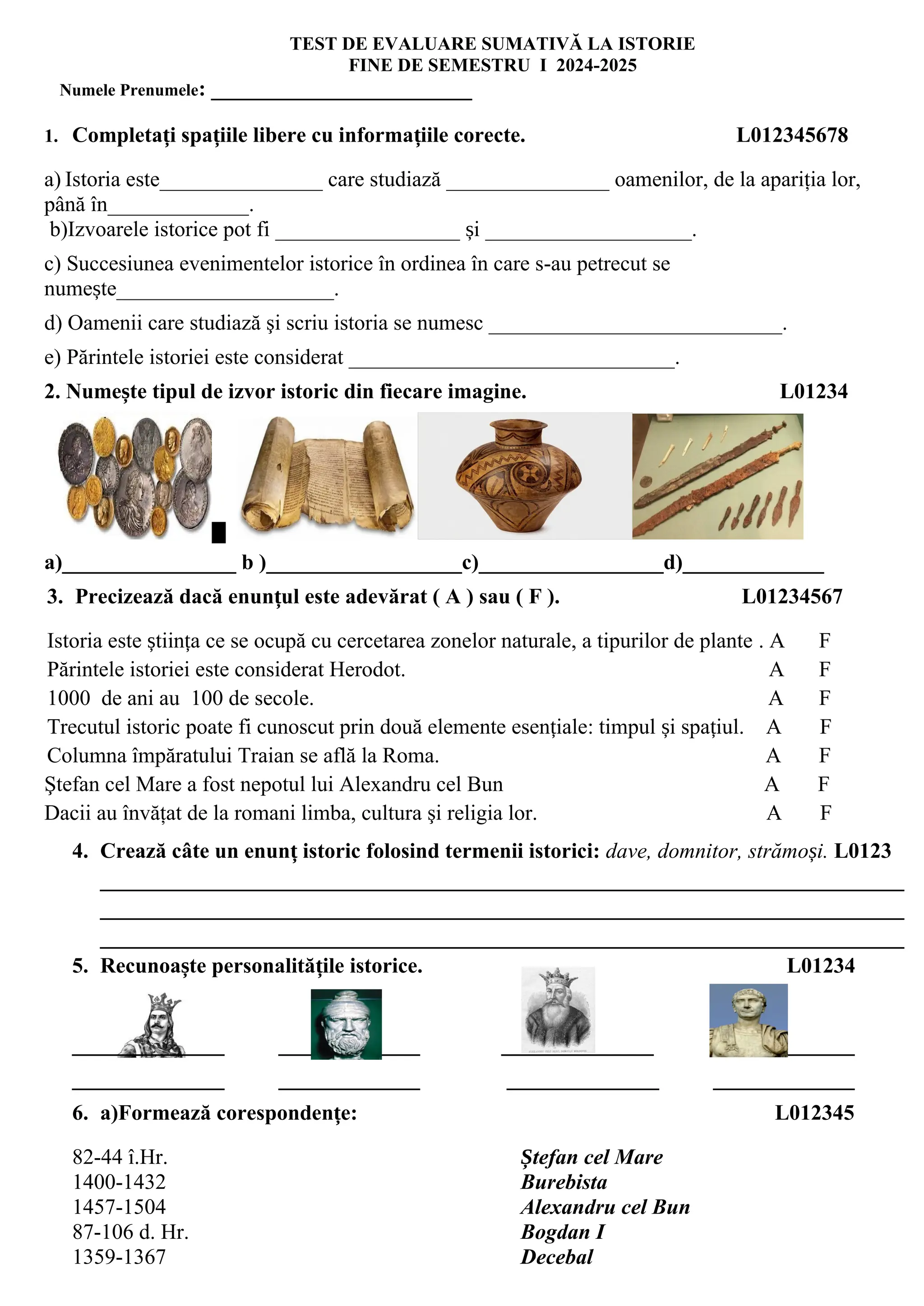 Evaluare S umativa SEMestru I la ISTORIA | DOCX