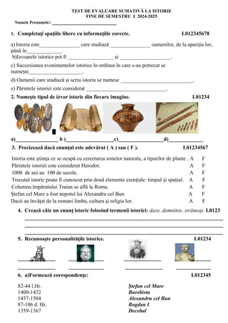 Evaluare S umativa SEMestru I la ISTORIA | DOCX