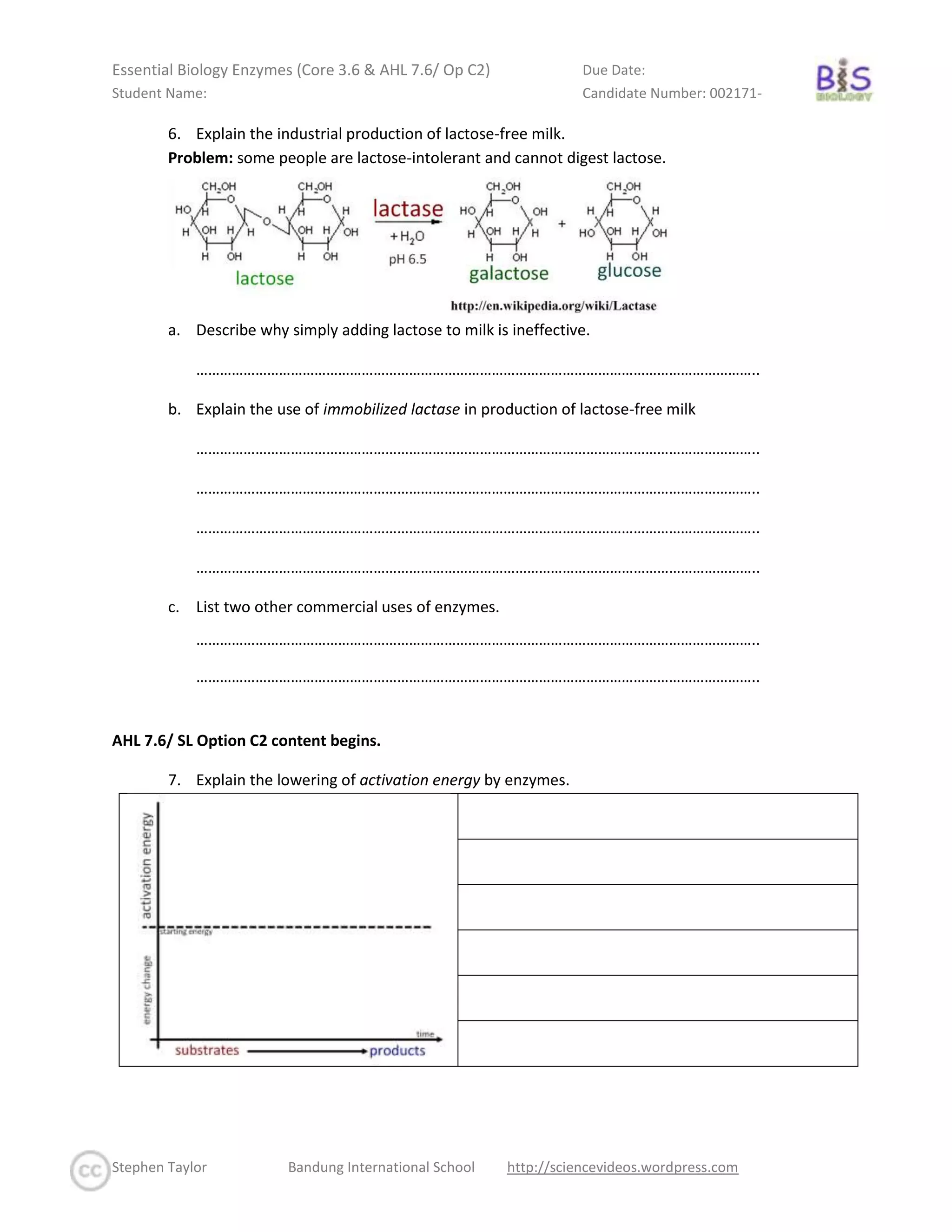 Essential Biology 3.6, 7.6, C2 Enzymes | DOCX