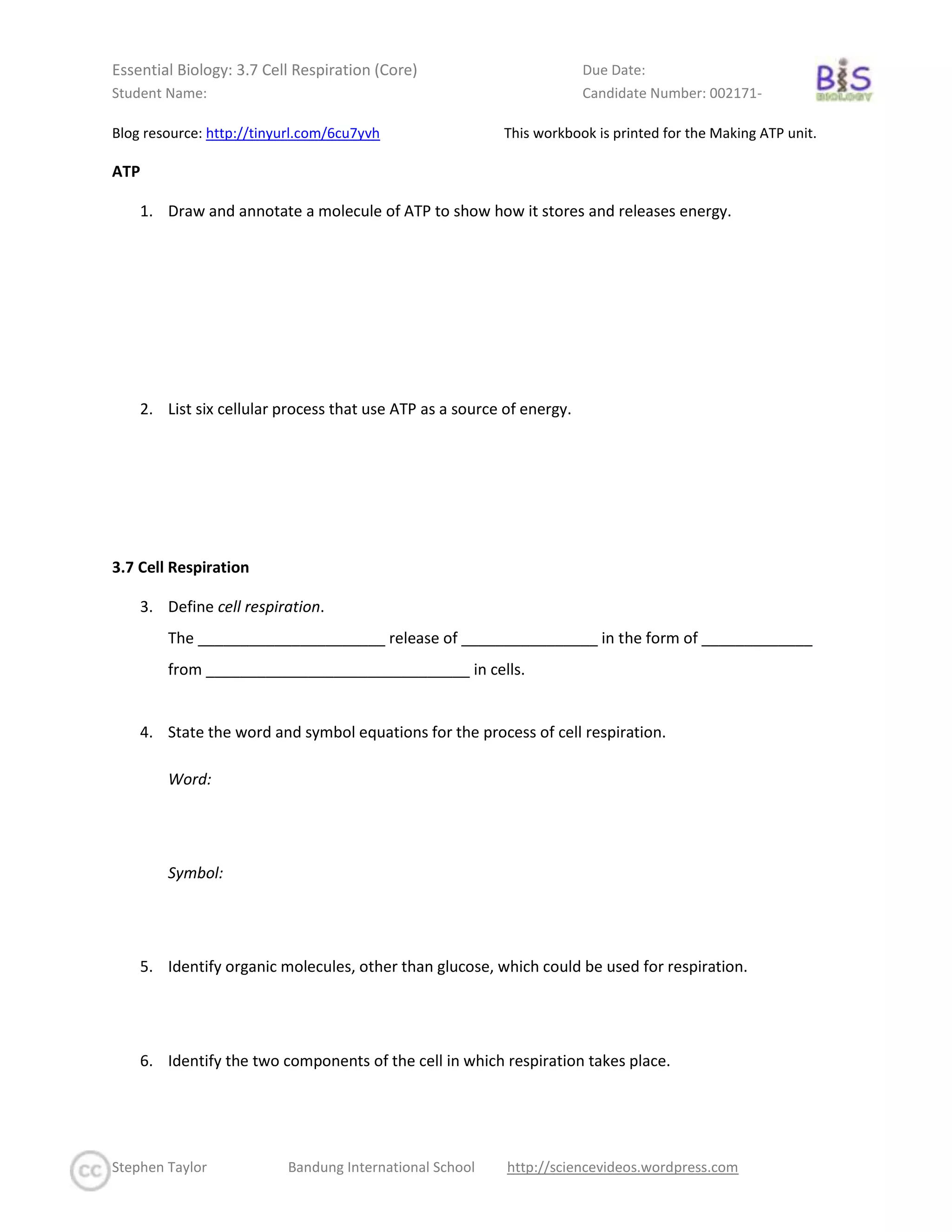 Essential Biology 3.7 Respiration (Core) | DOCX