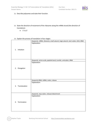 Essential Biology 7.3 7.4 Transcription Translation ahl | DOCX