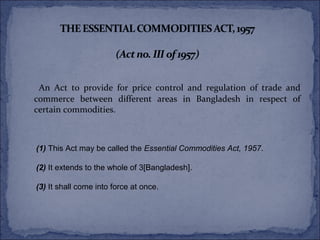 Essential commodities Act 1957 | PPT | Commodities | Economy