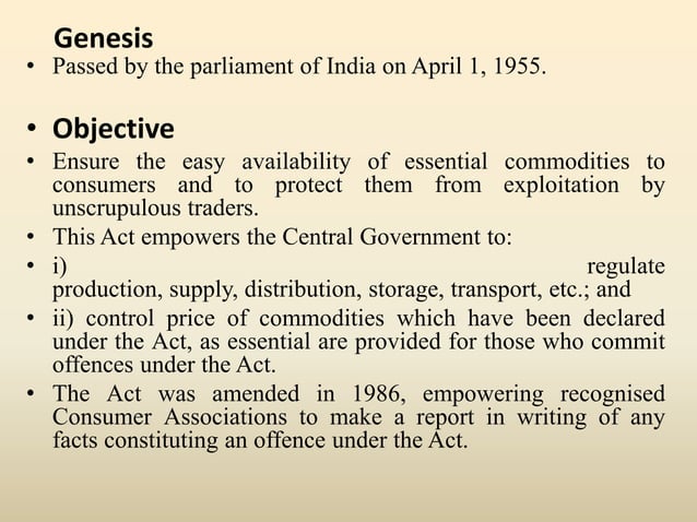 Essential commodities act, 1955 | PPTX | Commodities | Economy