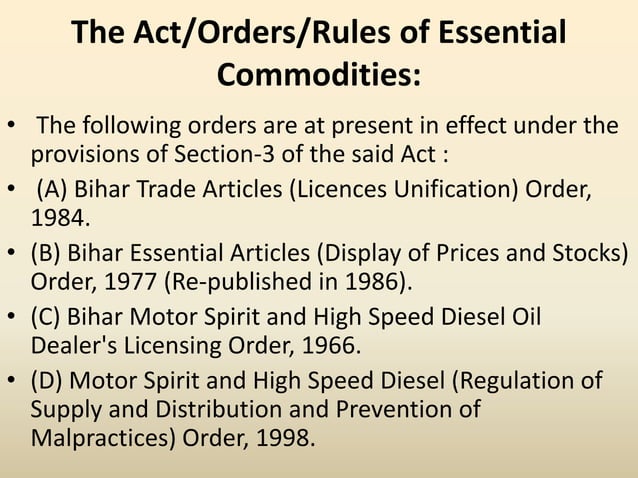 Essential commodities act, 1955 | PPTX | Commodities | Economy