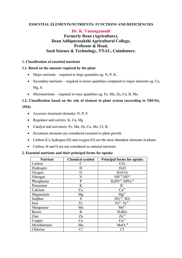 ESSENTIAL ELEMENTS/NUTRIENTS - FUNCTIONS AND DEFICIENCIES | PDF