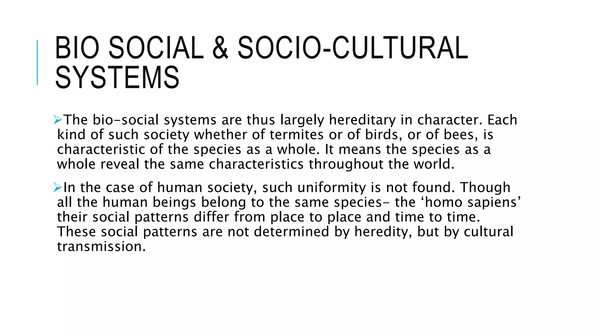 Essential elements of society, biosocial & socio-cultural systems | PPTX