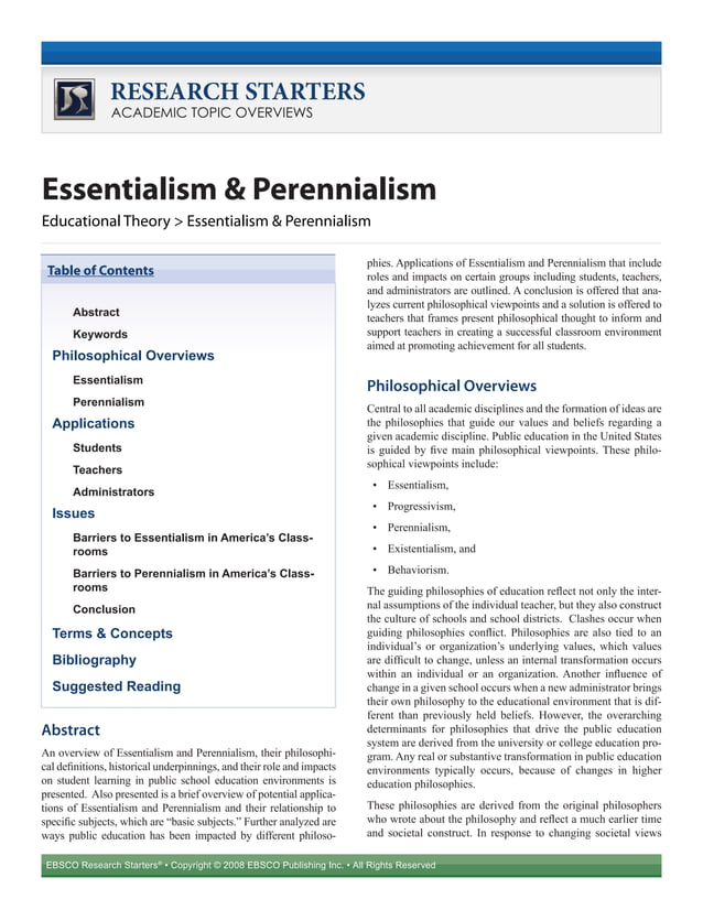 Essentialism and perennialism | PDF | Primary Education | Education