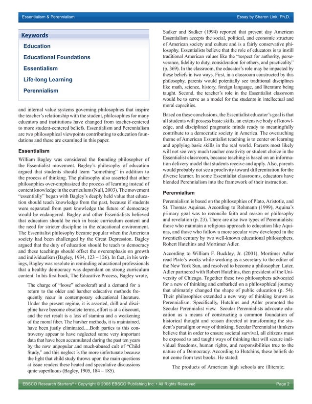 Essentialism and perennialism | PDF | Primary Education | Education