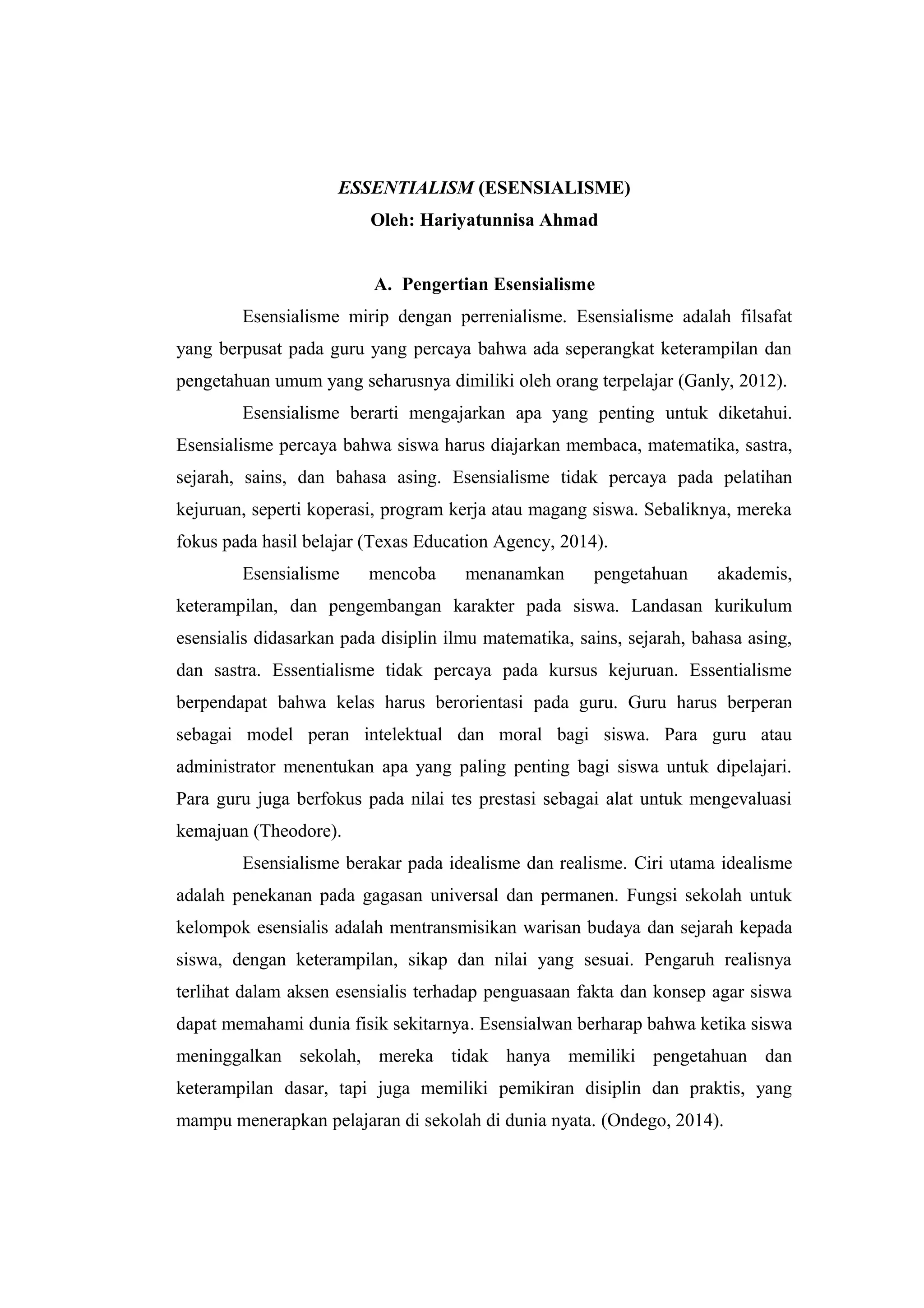 Filsafat Pendidikan Esensialisme | DOC