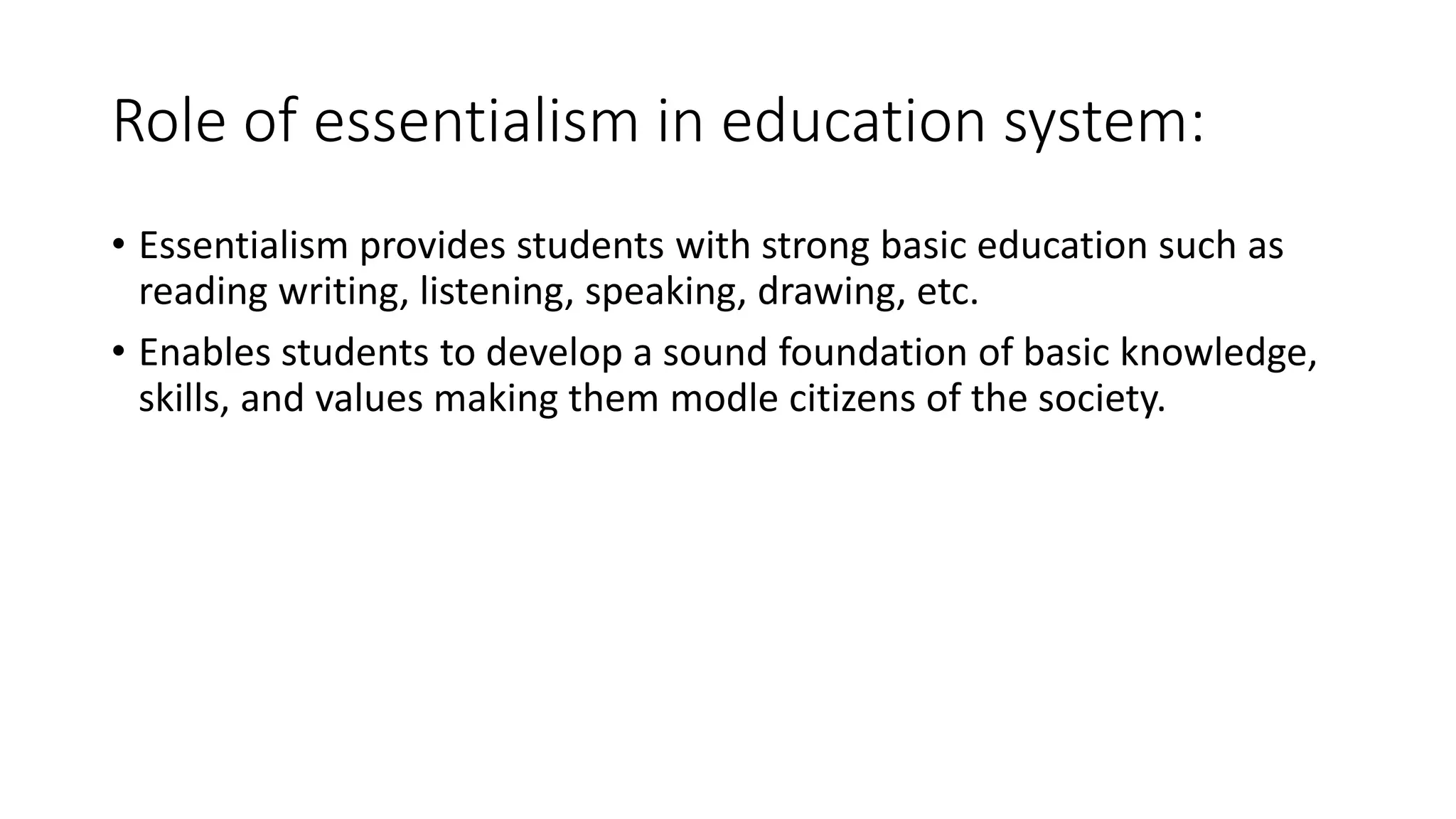 Essentialism ppt by Farida yasinzai | PPTX | Primary Education | Education