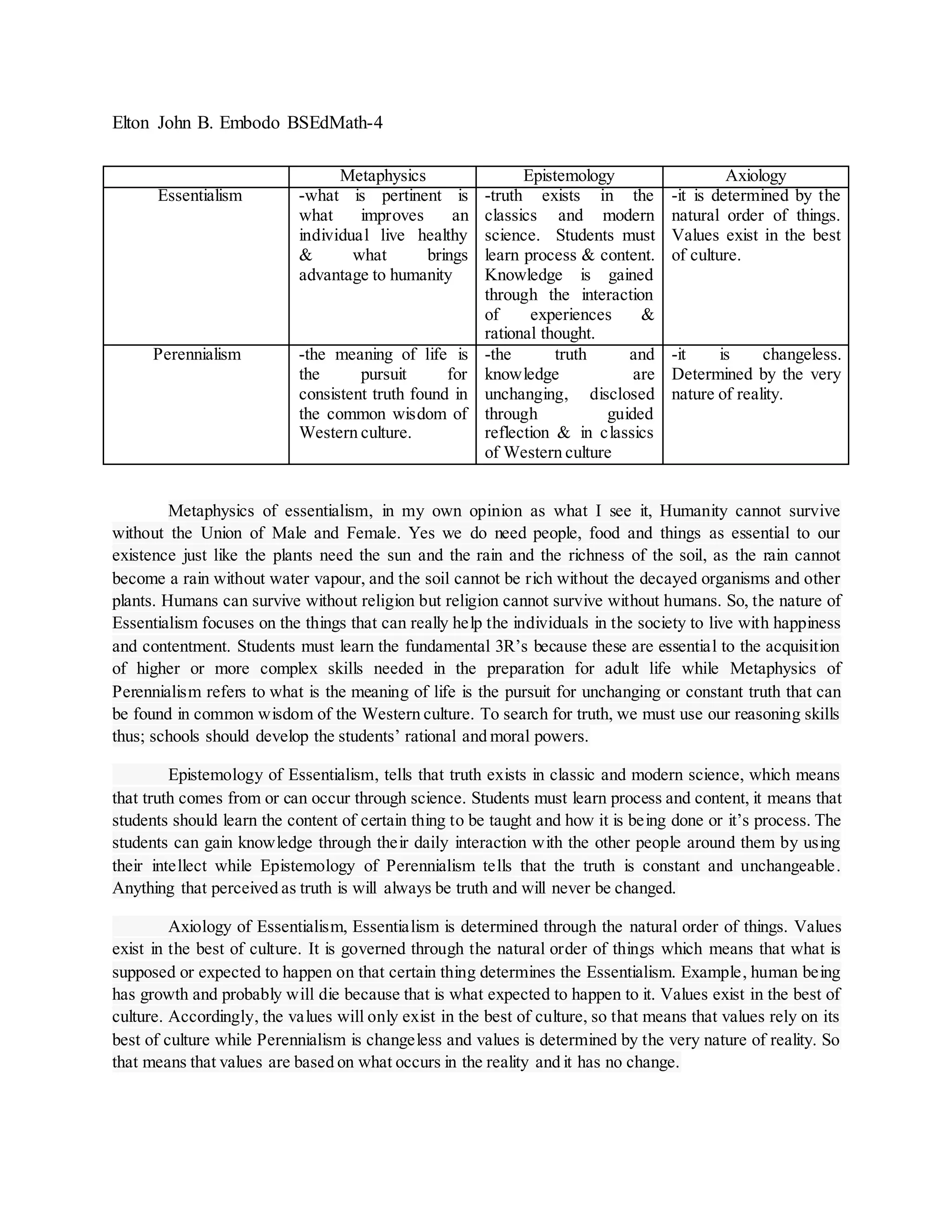 Essentialism v.s perennialism | DOCX