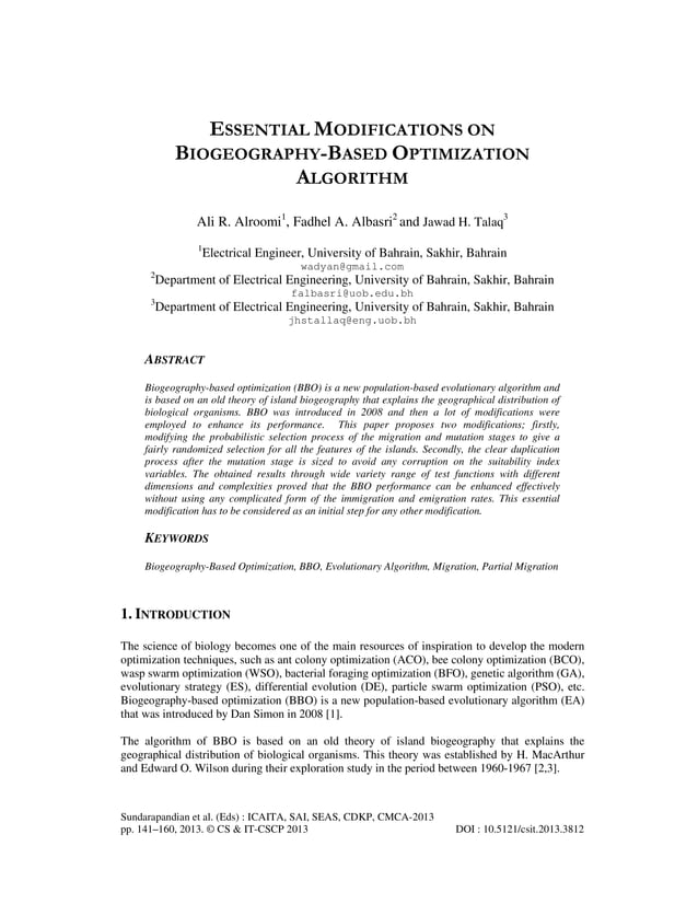 Essential Modifications On Biogeography Based Optimization Algorithm Pdf