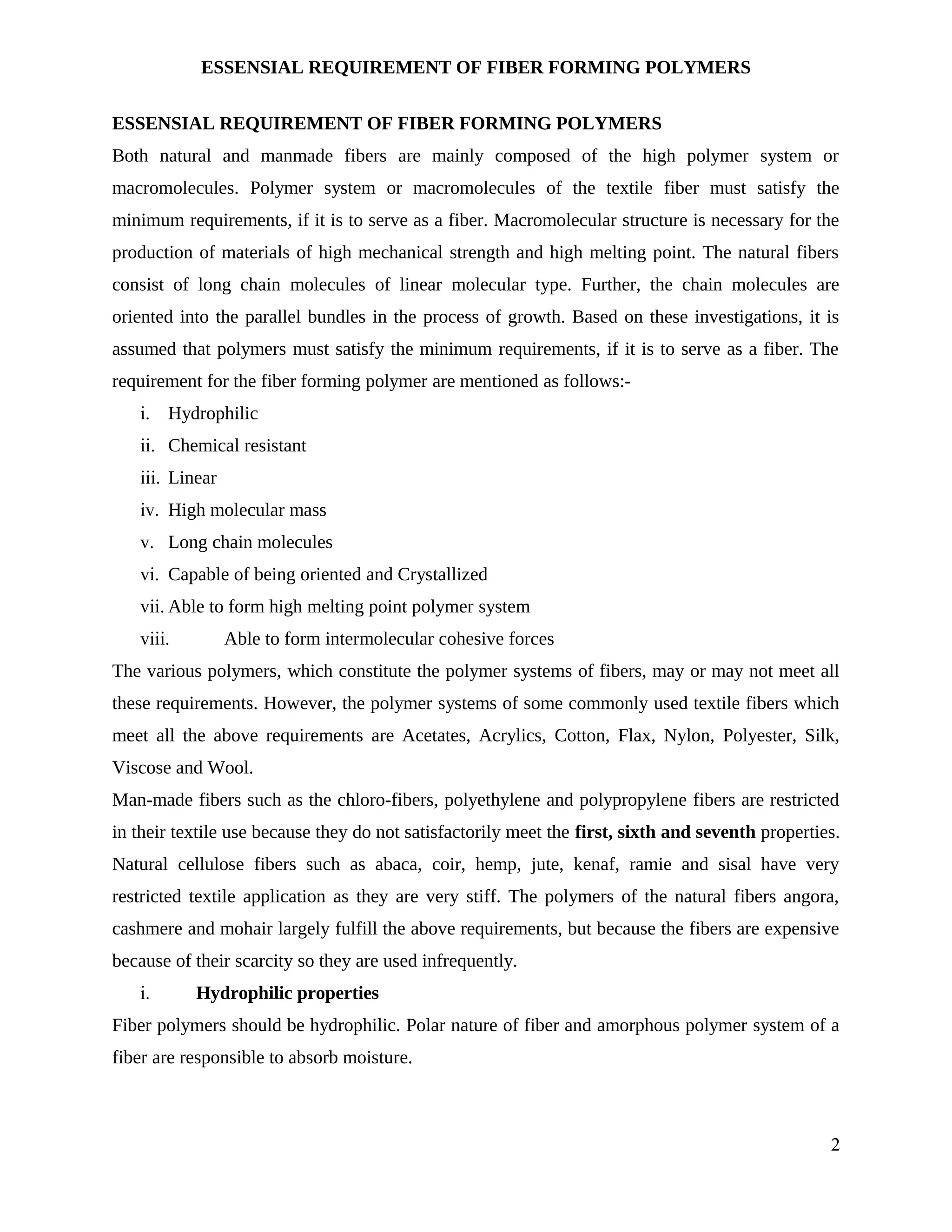 Essential requirements of fiber forming polymers | PDF